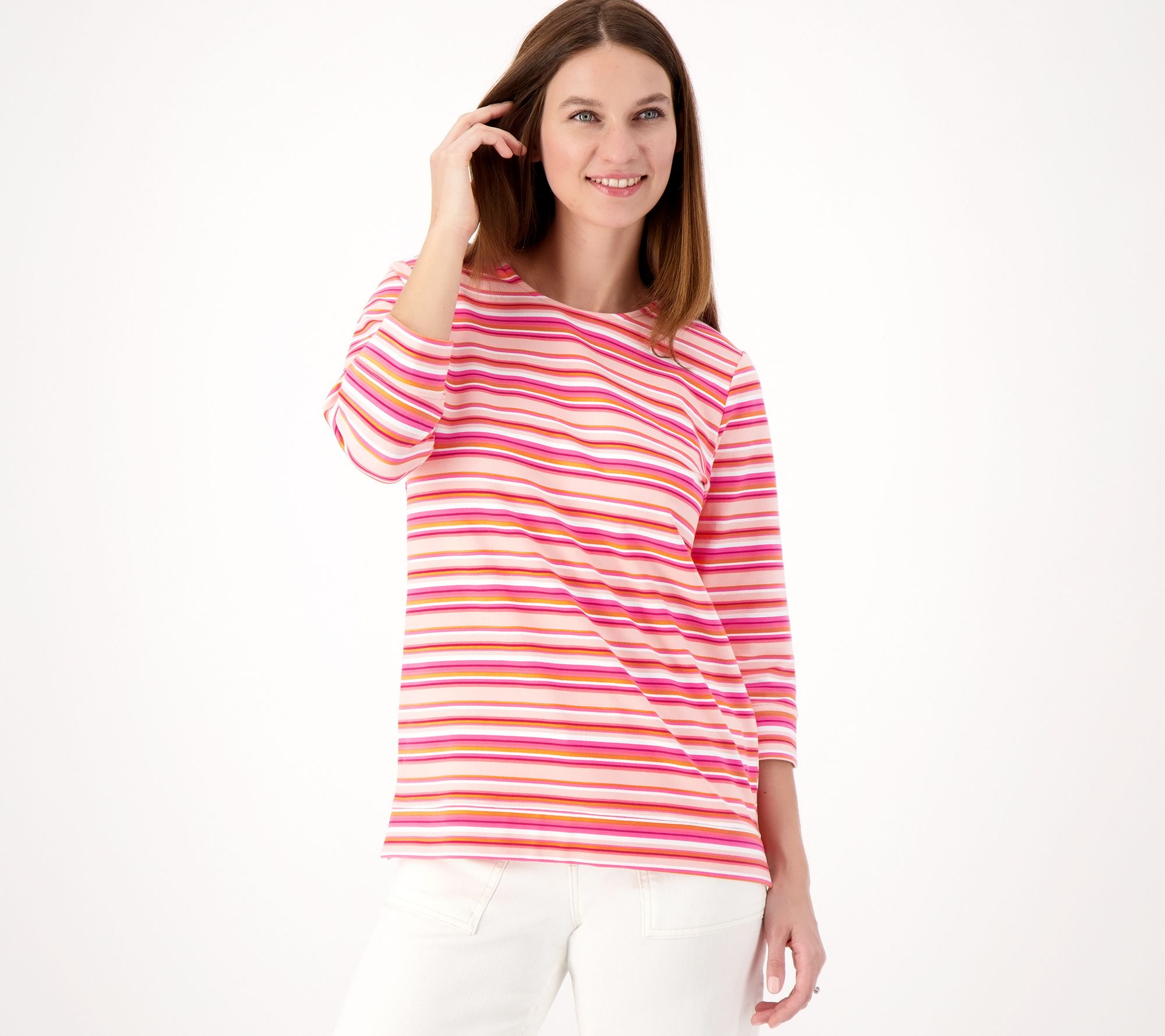 "As Is" Denim & Co. Active Striped French Terry 3/4 Sleeve Top - QVC.com