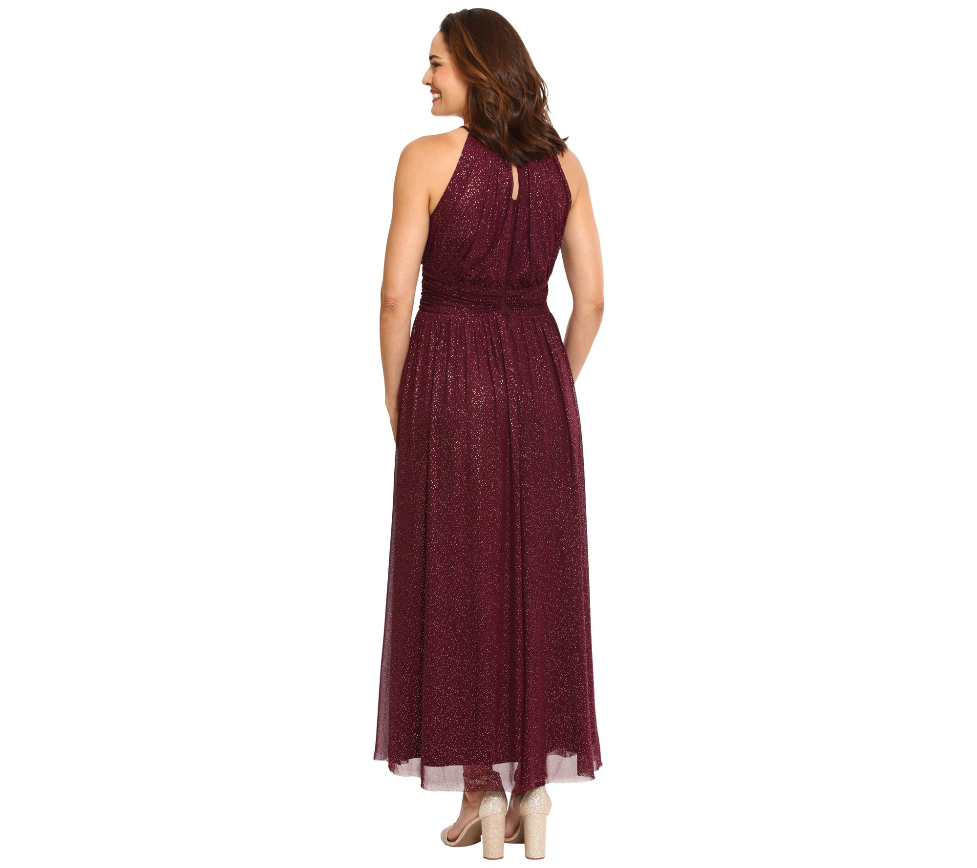 London Times Foil Dot Mesh Halter Maxi Dress - QVC.com