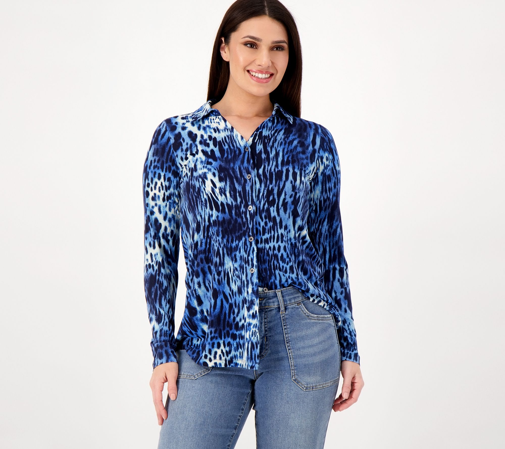 As Is Susan Graver Printed Liquid Reg Knit Button Front A Line Tunic