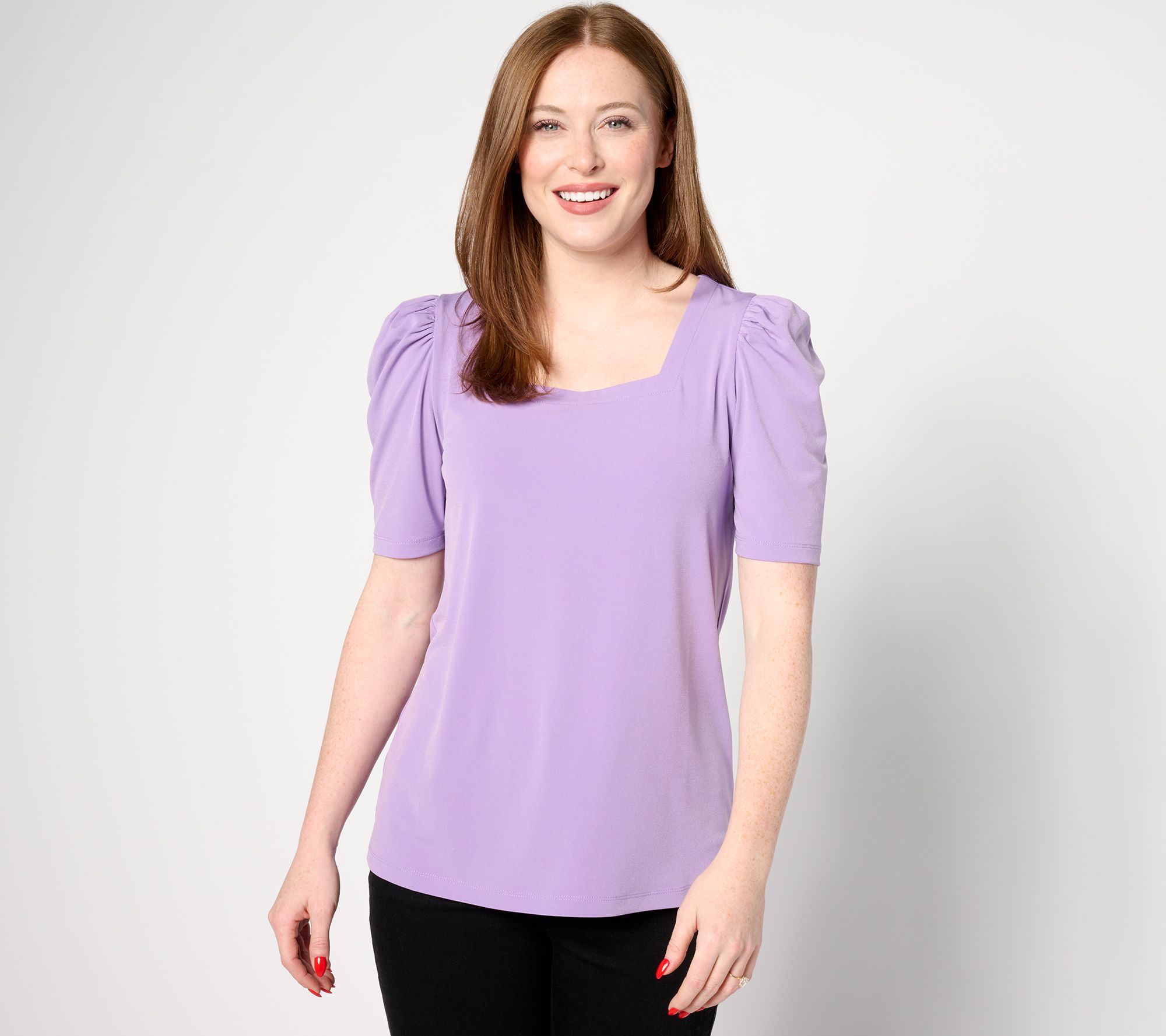 As Is Susan Graver Liquid Knit Square Neck Top With Puff Sleeves