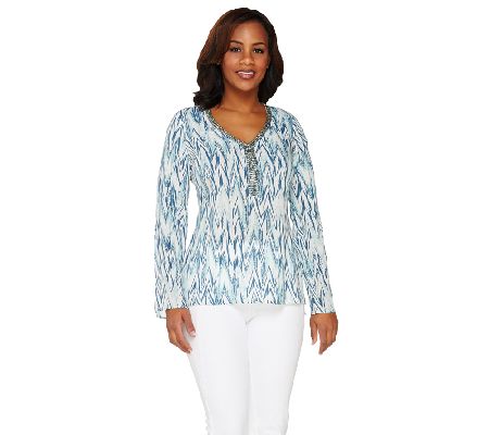 Lisa Rinna Collection Printed Top with Neckline Embellishment - QVC.com