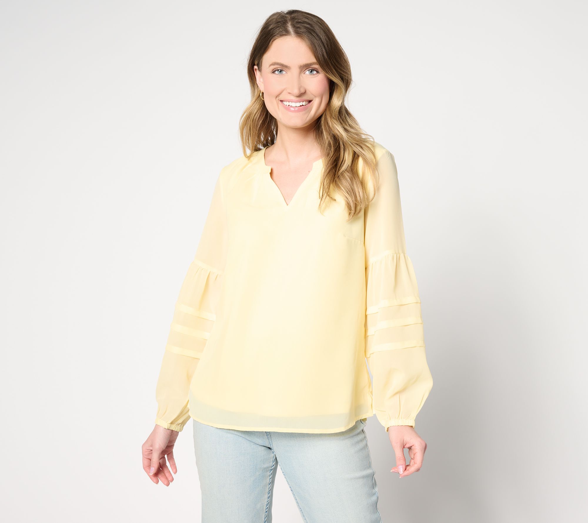 "As Is" Denim & Co. Split V-Neck Blouse with Sleeve Detail - QVC.com