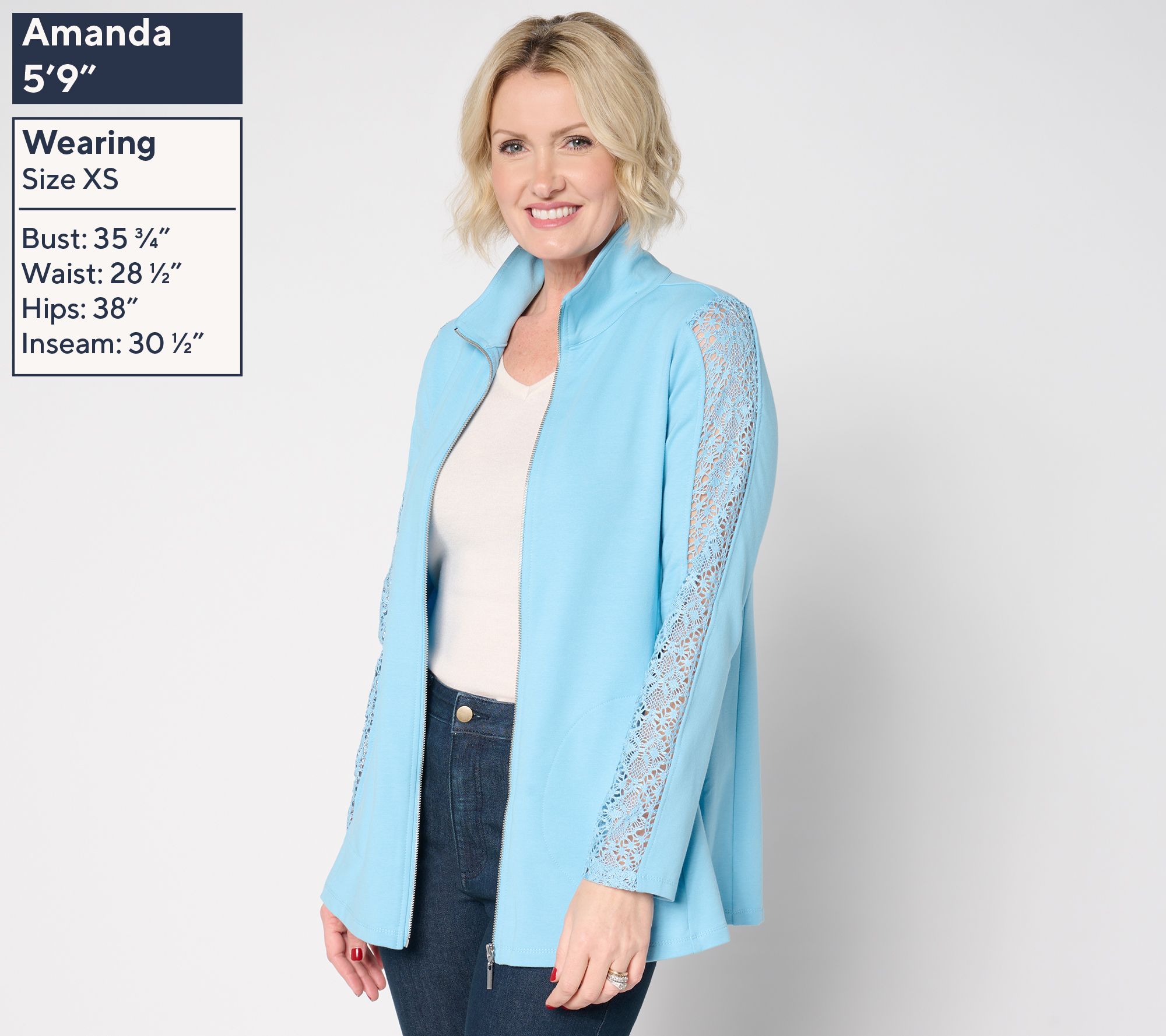 Susan Graver Weekend Stretch Marina Knit Zip-Front Jacket w/ Lace - QVC.com