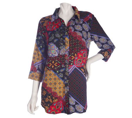 Susan Graver Printed Rayon Challis Button Front Shirt - QVC.com