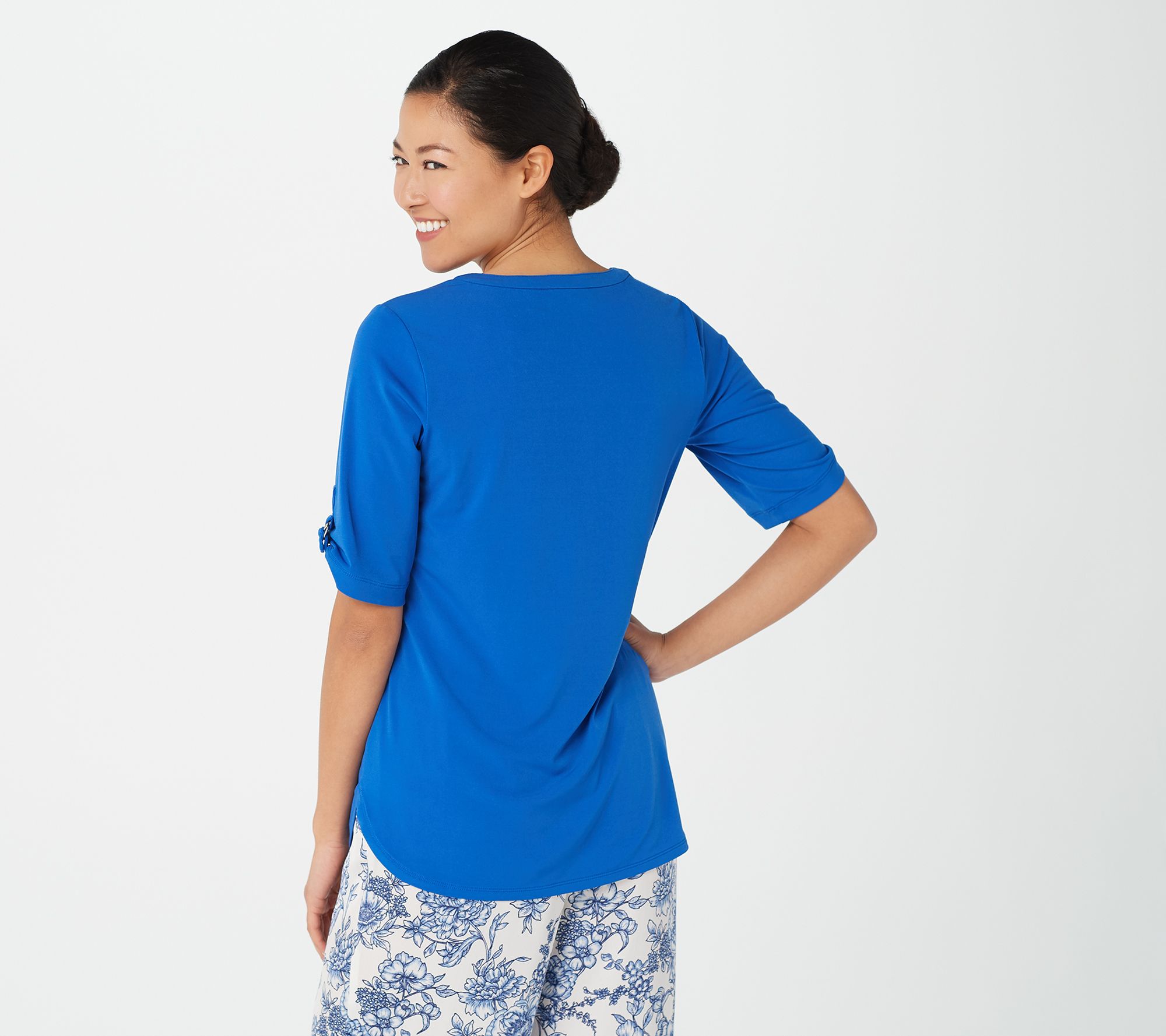As Is Susan Graver Liquid Knit Short Sleeve Half Zip Top