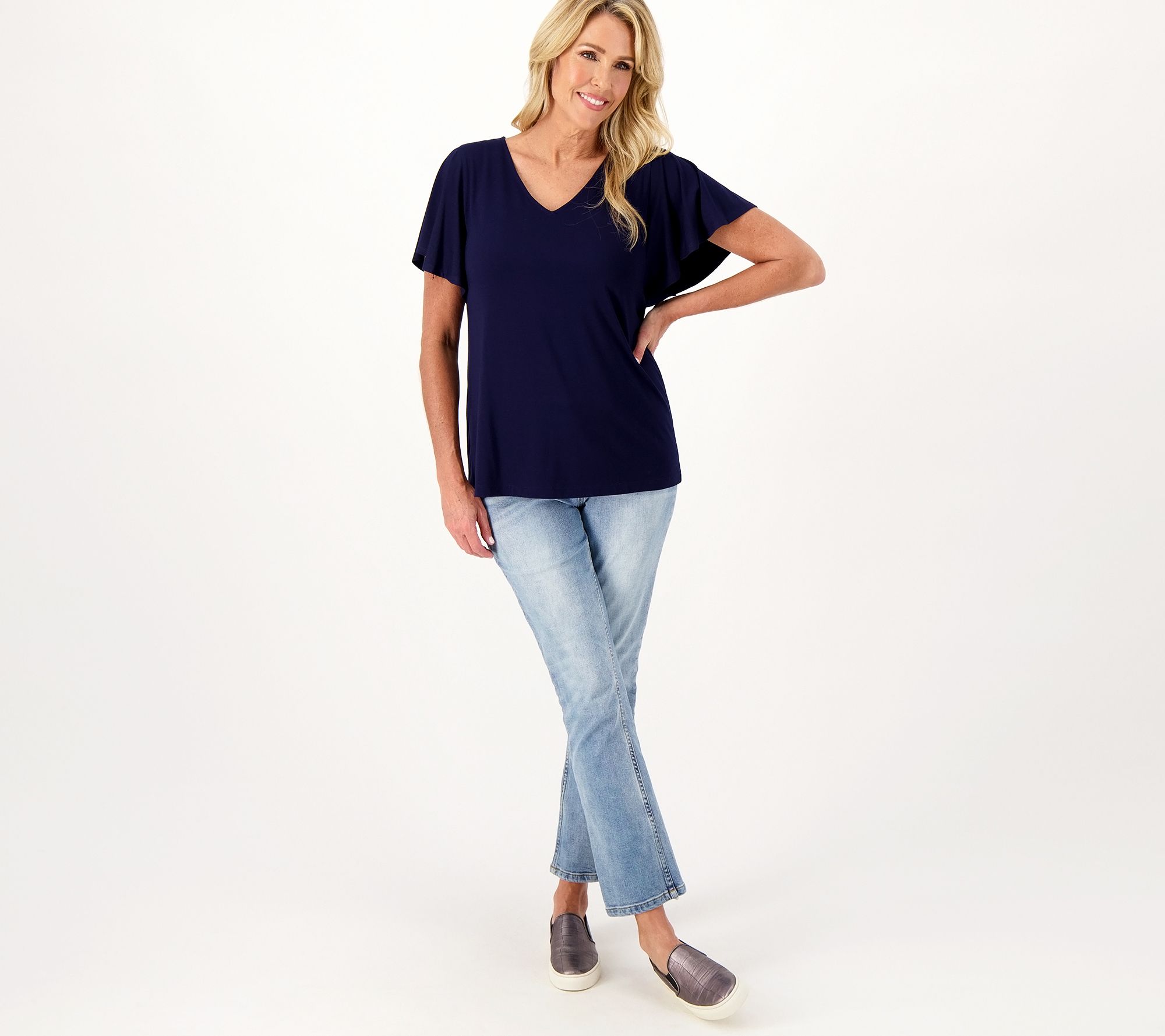 Susan Graver Weekend Cool Touch V-Neck Flutter Sleeve Top - QVC.com