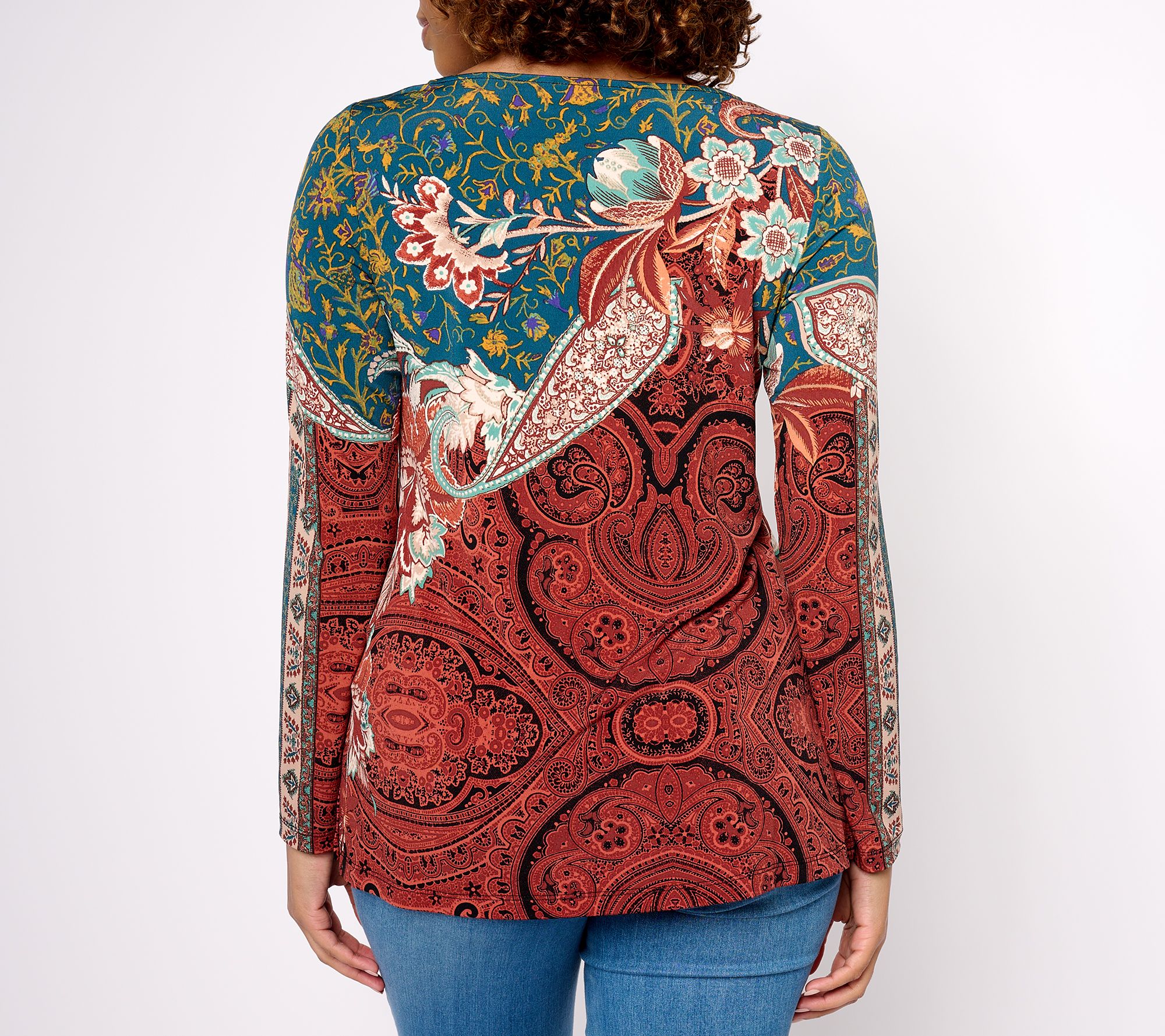 Susan Graver Printed Liquid Knit A Line Bateau Neck Long Sleeve Top