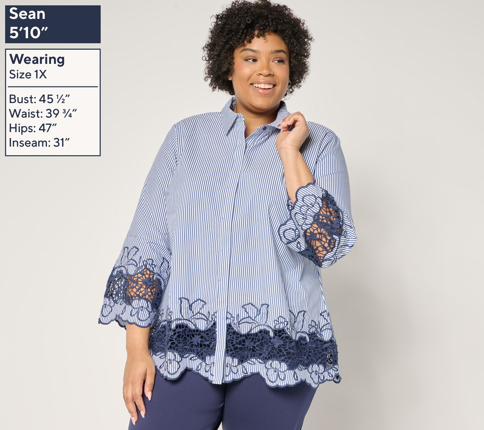 Dennis Basso Regular Cotton Stretch Yarn Dye Stripe Top w/Lace Trim ...