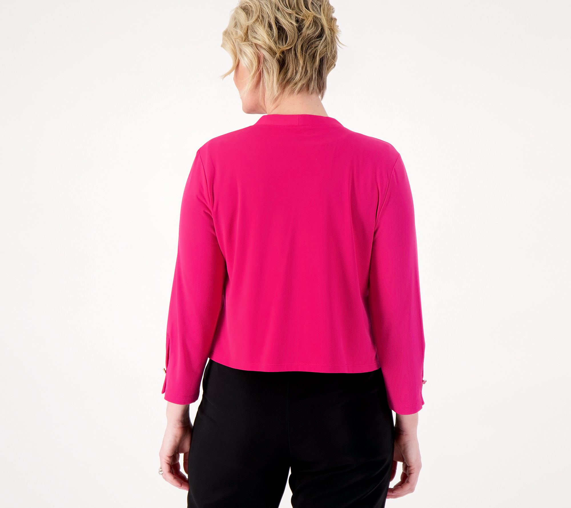 "As Is" Susan Graver Liquid Knit Open-Front 3/4 Sleeve Shrug w/Button - QVC.com