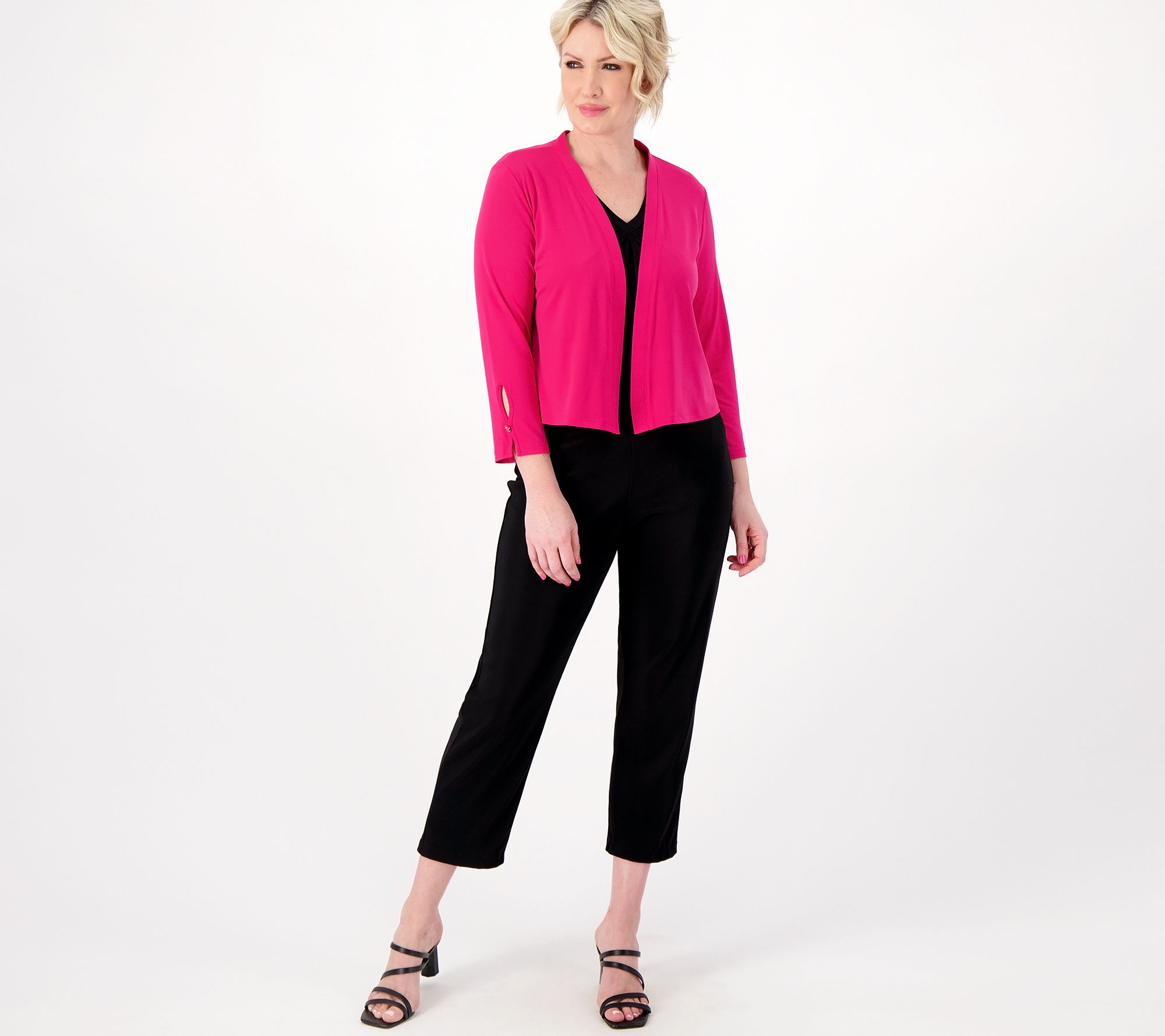 "As Is" Susan Graver Liquid Knit Open-Front 3/4 Sleeve Shrug w/Button - QVC.com