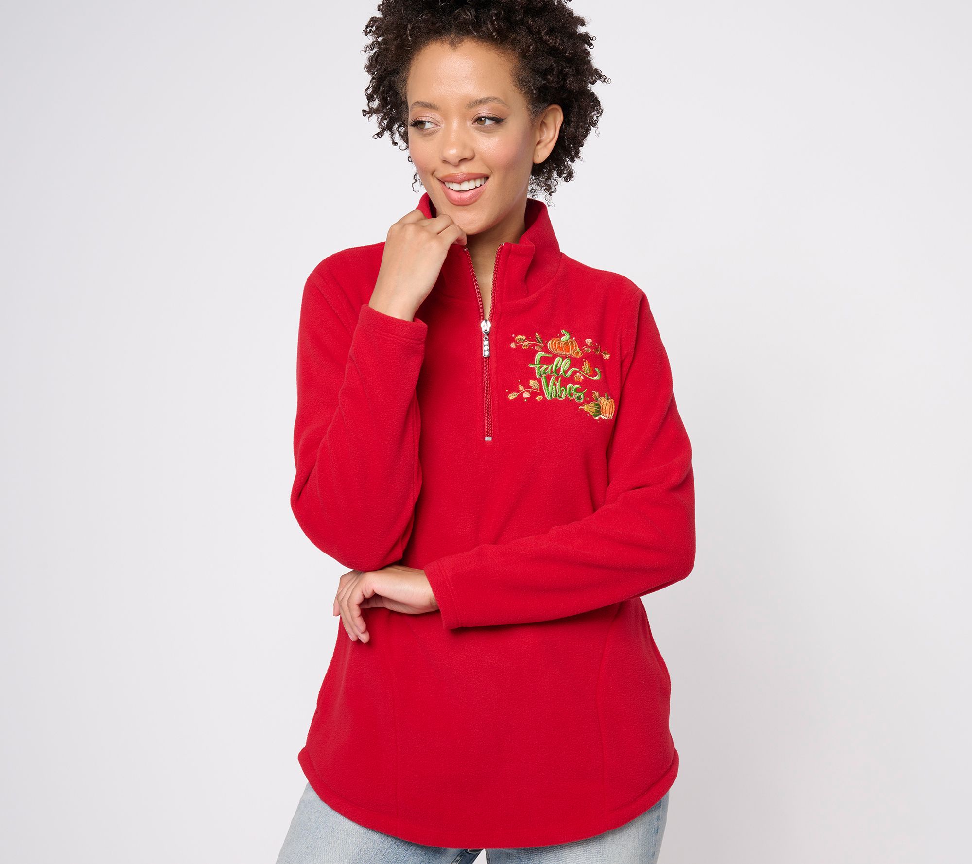 "As Is" Quacker Factory Fleece Half Zip Festive Fall Top - QVC.com