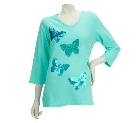 Quacker Factory Glitter & Shine 3/4 Sleeve T-shirt T-shirt - QVC.com
