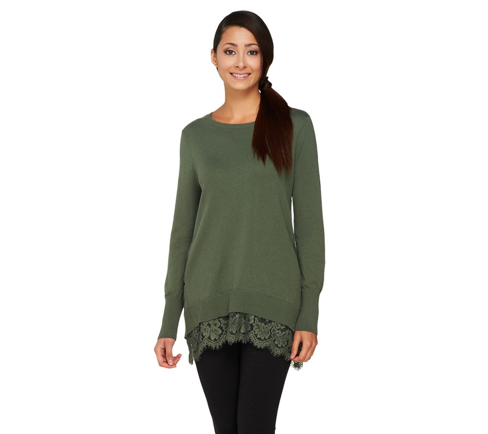 LOGO by Lori Goldstein Cotton Cashmere Sweater with Lace Trim - QVC.com
