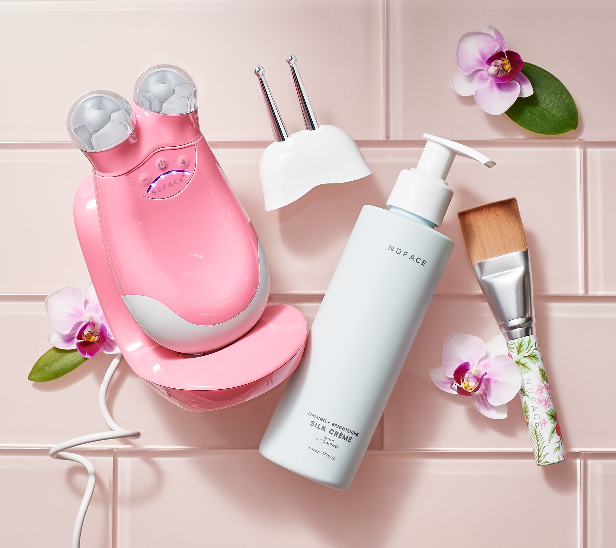 (QVC) NuFACE Trinity w/ ELE Attachment, Brush, & 6-oz Silk Activator ...
