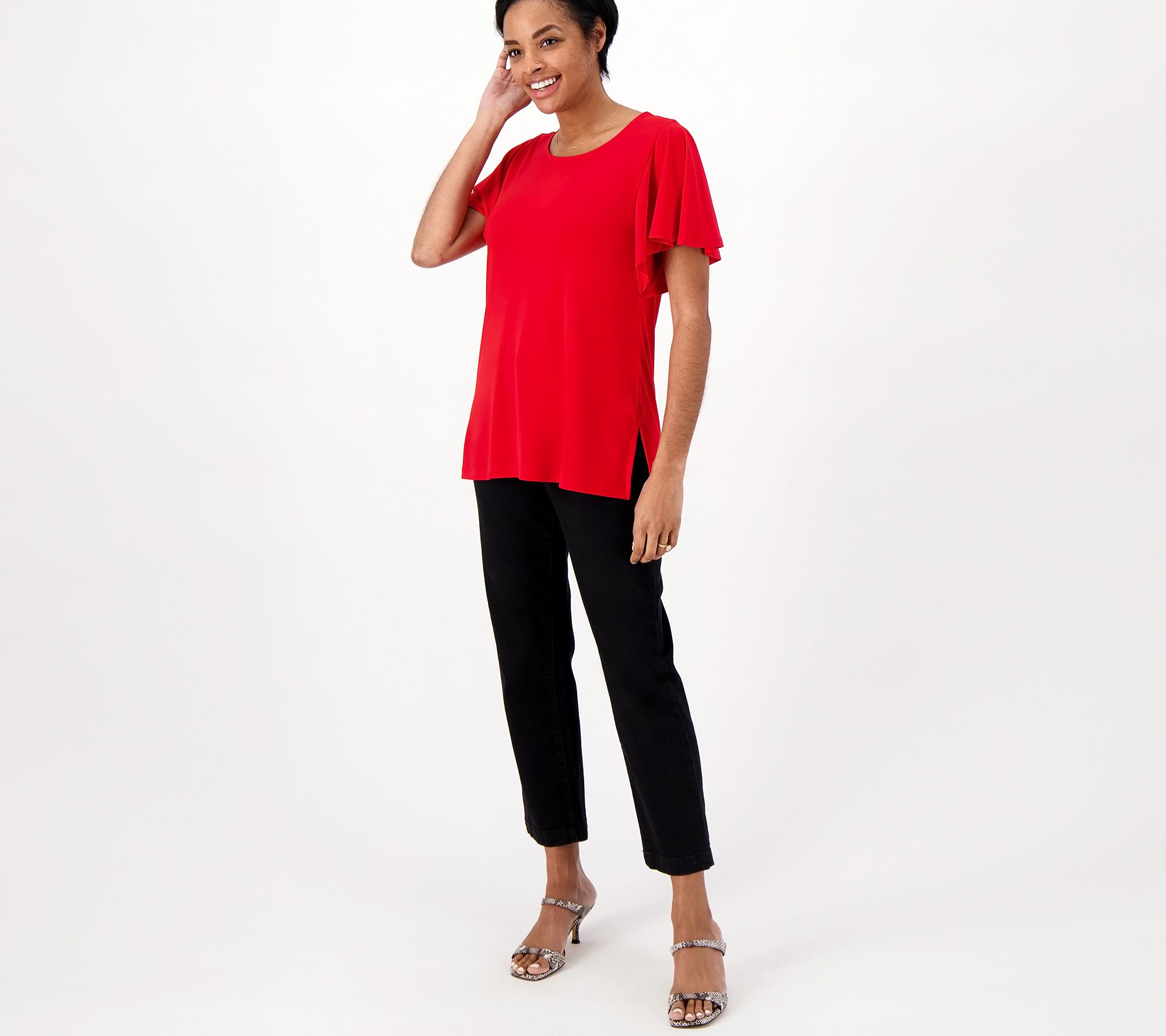 As Is Susan Graver Liquid Knit Top With Short Flutter Sleeves