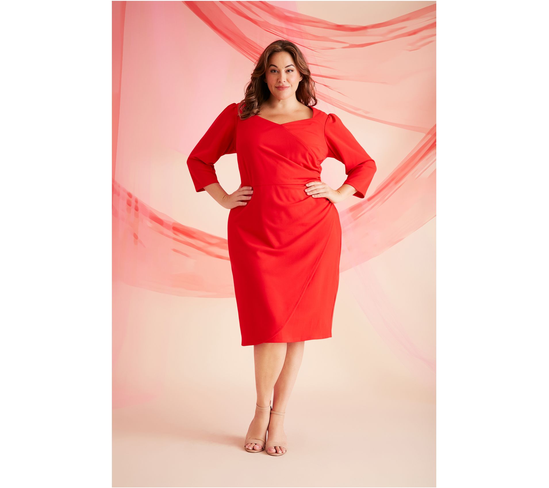 London Times Sweetheart Faux Wrap Ruched Midi Dress-Plus - QVC.com