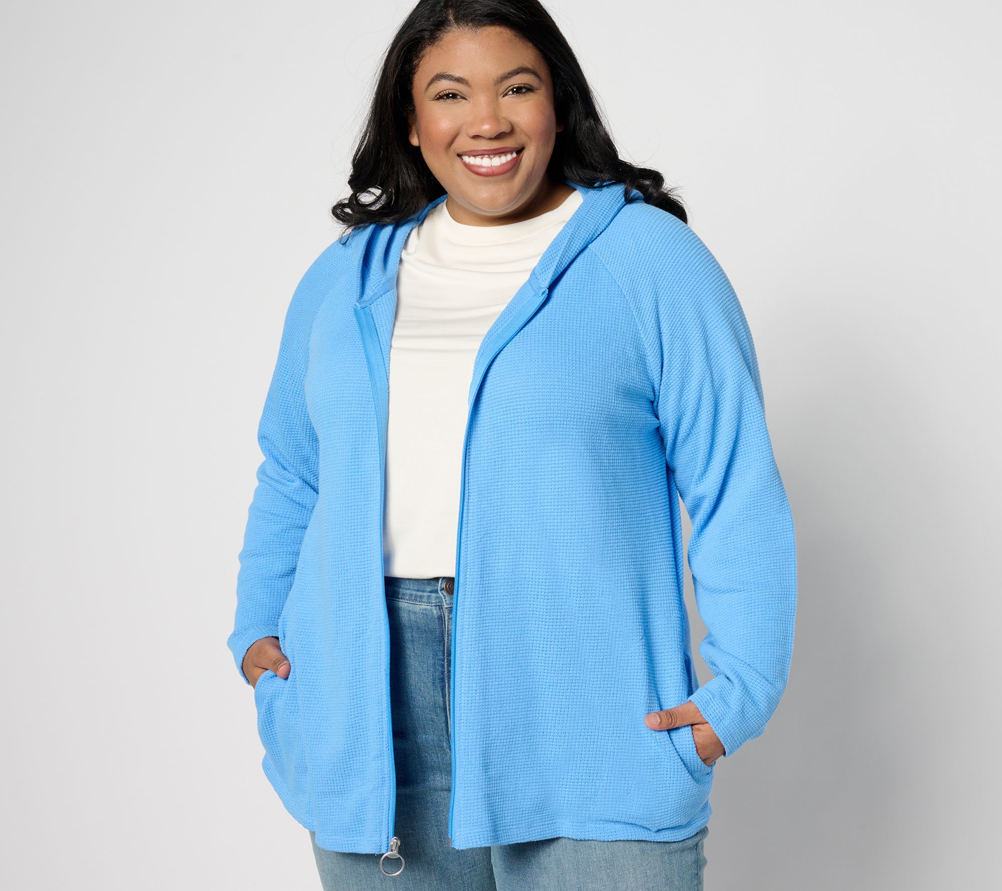 "As Is" Denim & Co. Active Cotton Blend Waffle Knit Zip Jacket - QVC.com