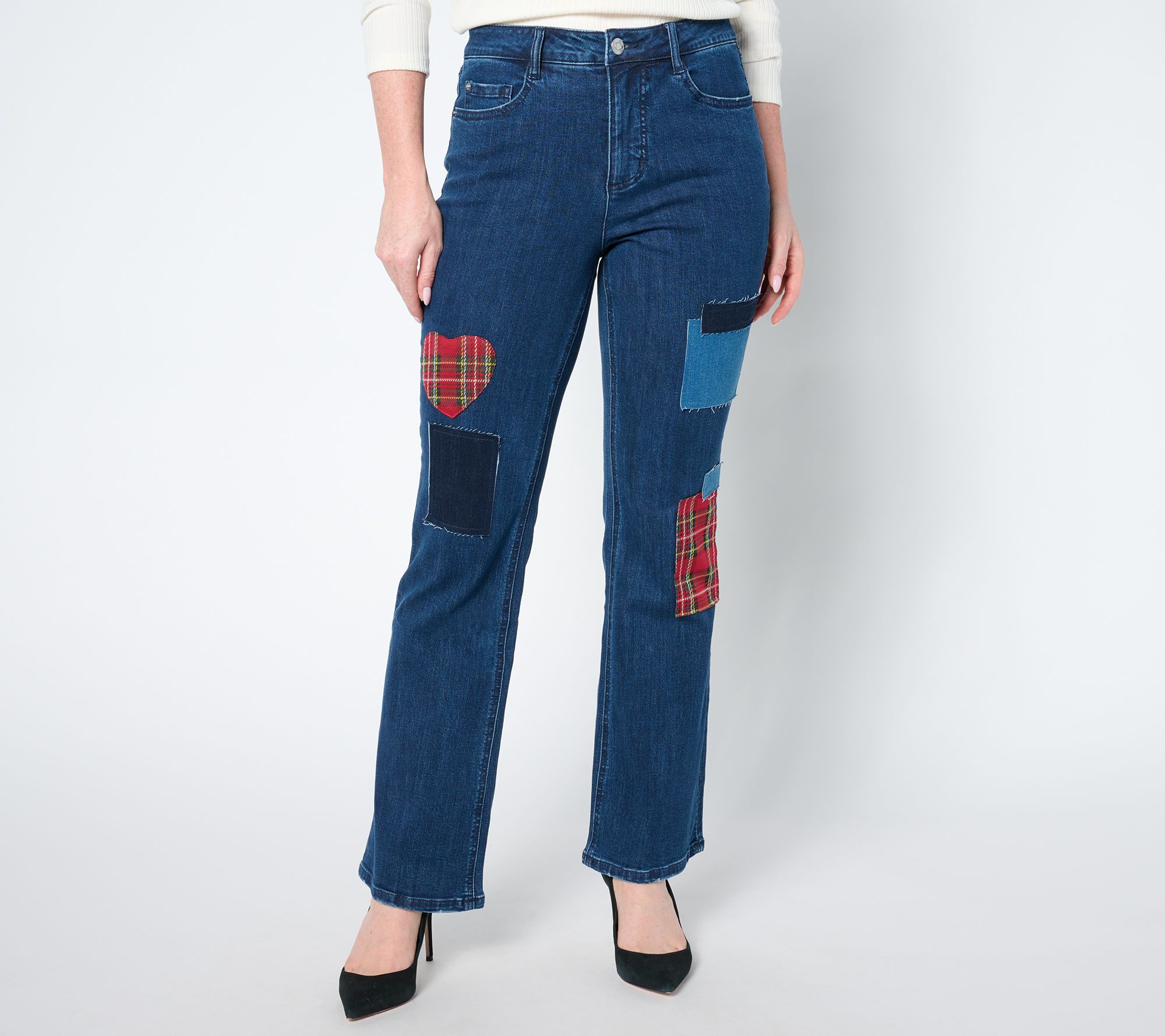 Studio Park X Vanessa Herring Petite Plaid Patch Jeans - QVC.com