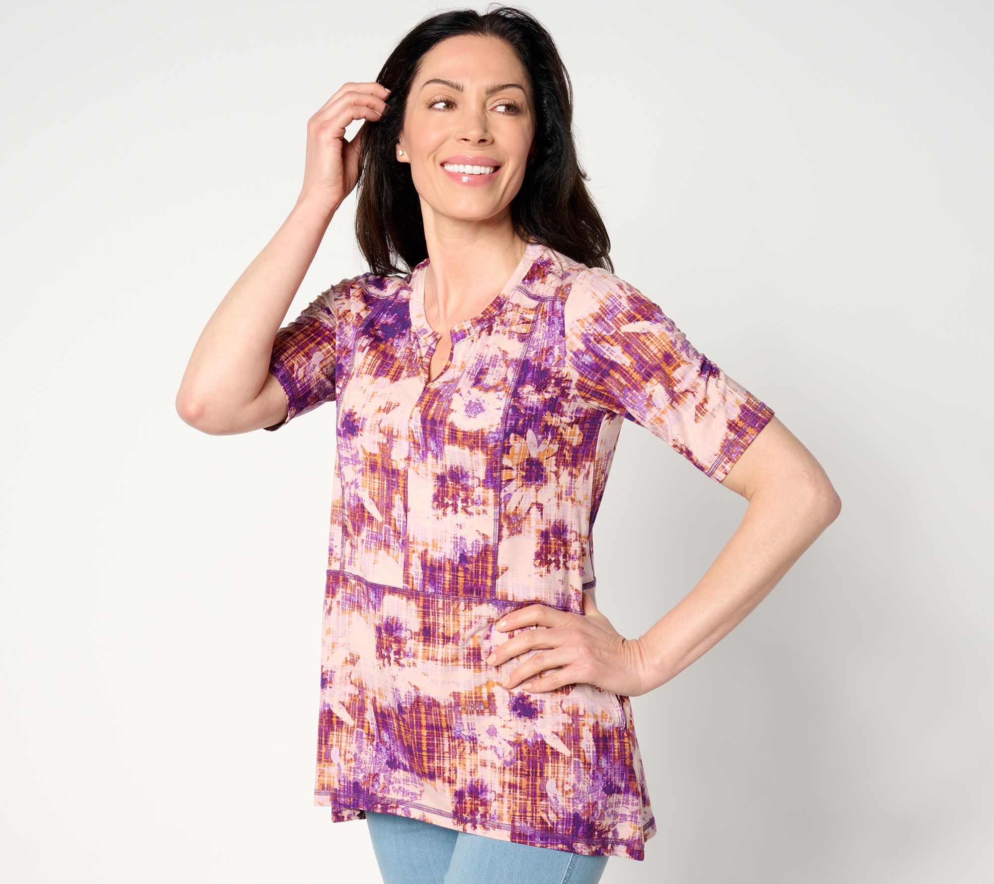 "As Is" LOGO by Lori Goldstein Printed Knit Elbow Sleeve Top - QVC.com