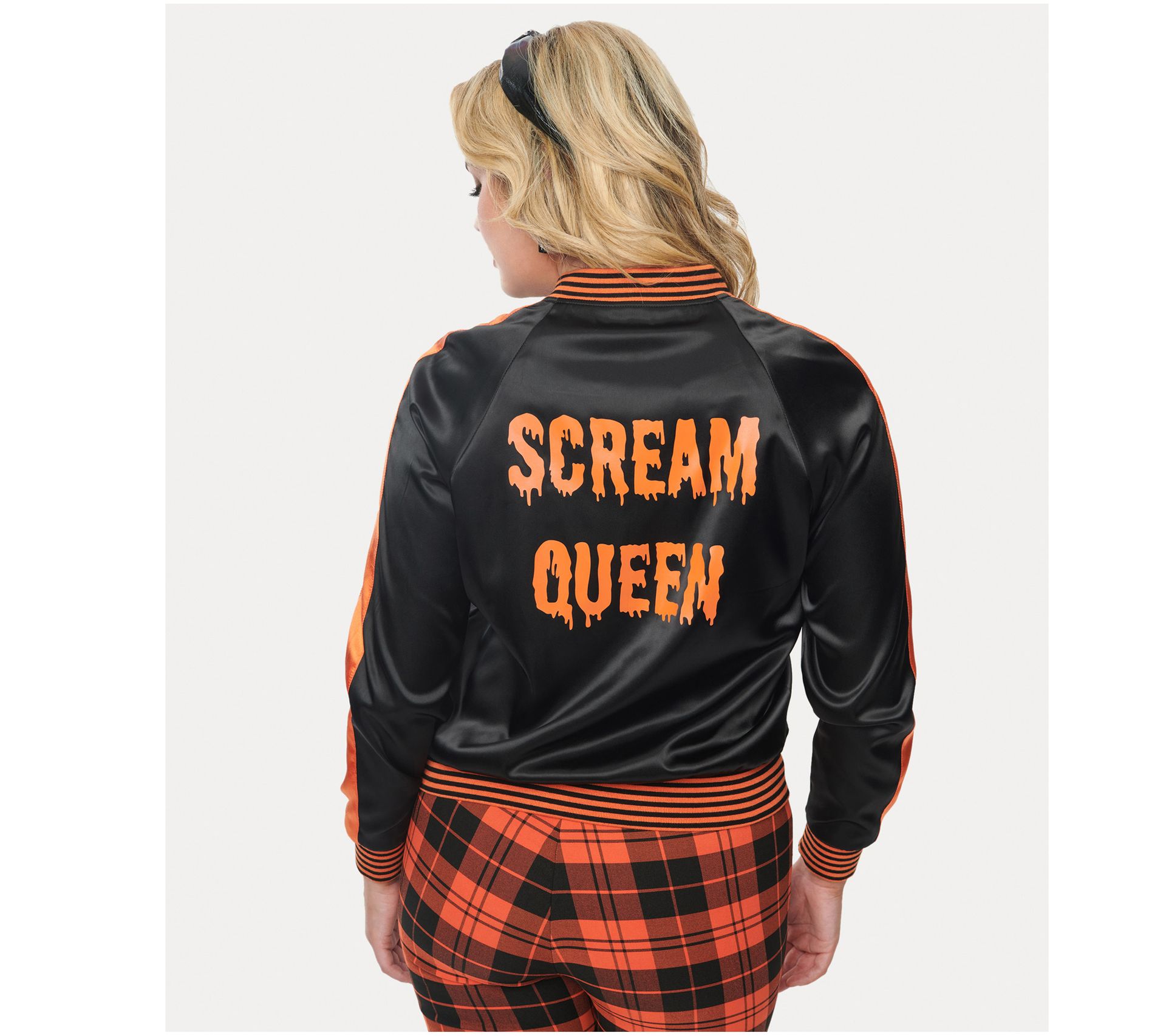 Unique Vintage Scream Queen Satin Bomber Jacket - QVC.com