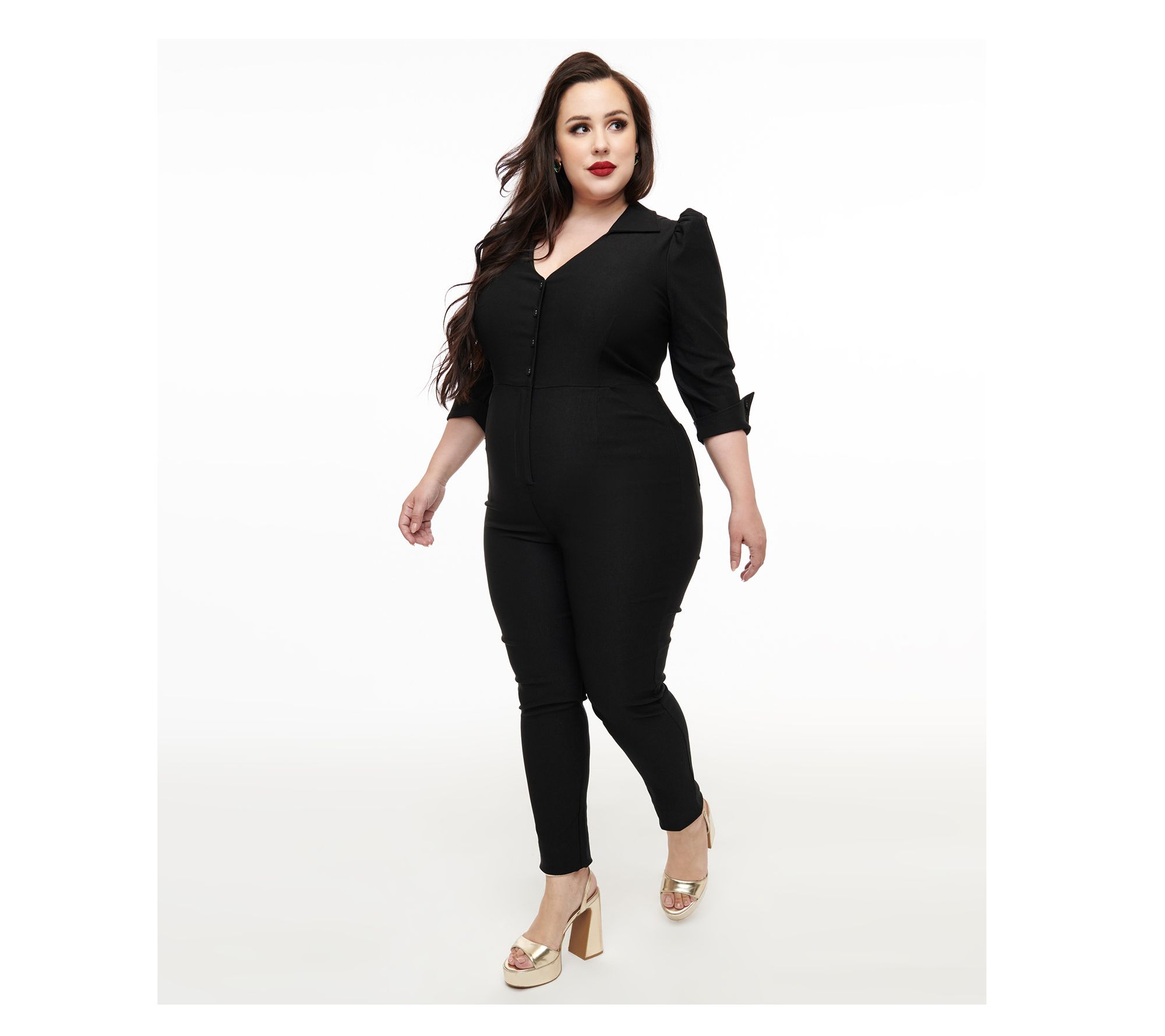 Unique Vintage V-Neck Puff Sleeve Jumpsuit - QVC.com