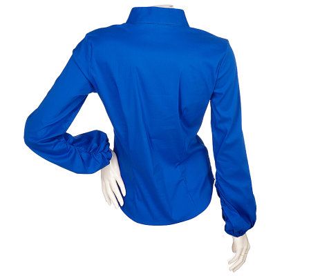 Dialogue Mandarin Collar Button Front Shirt with Shirring - QVC.com