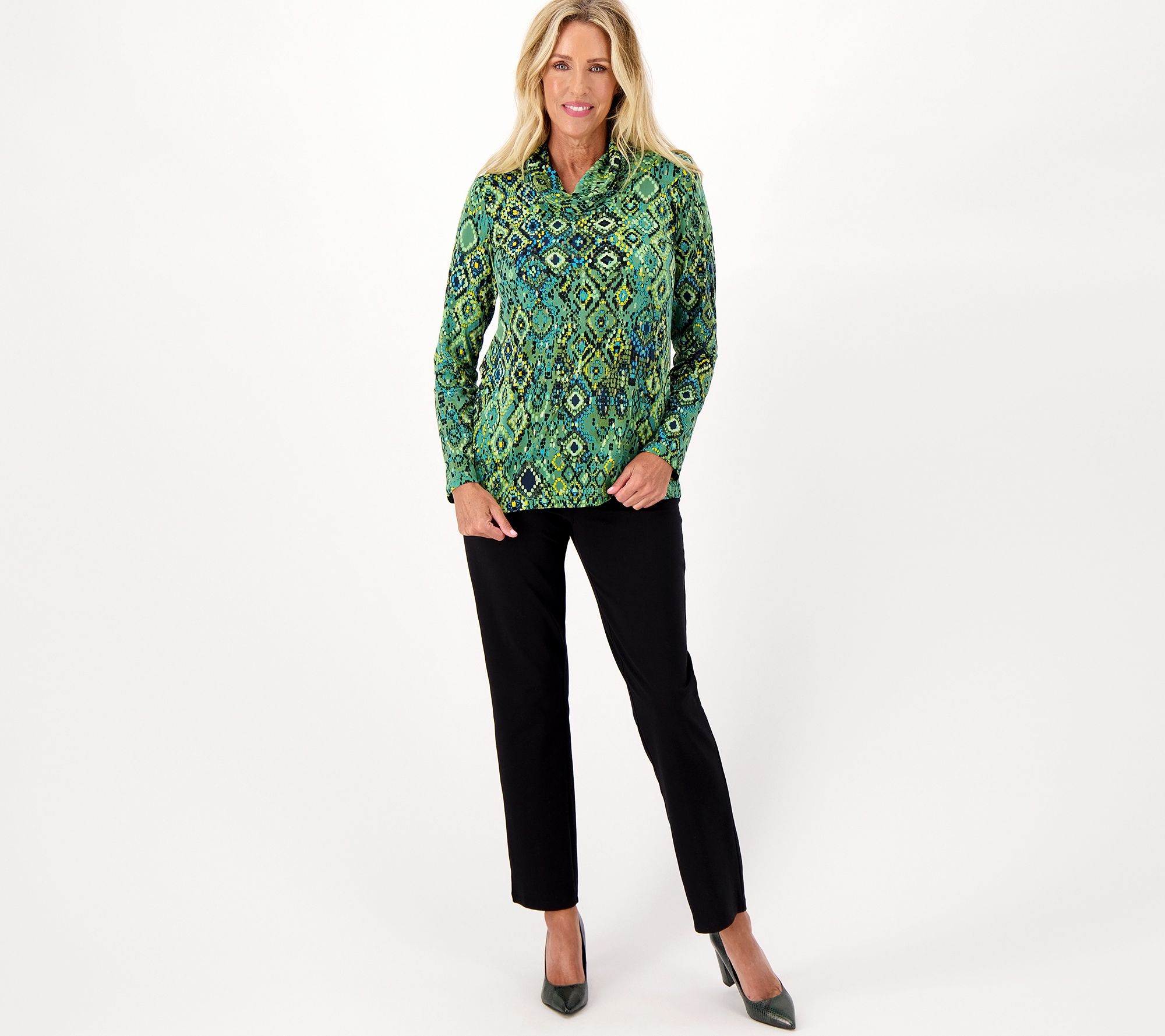 As Is Susan Graver Foil Printed Liquid Knit Long Sleeve Cowl Top