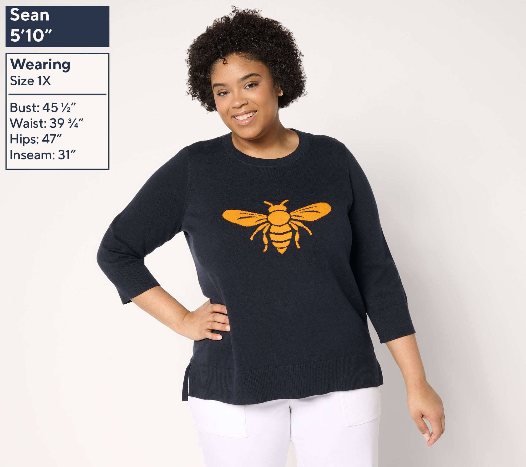 Joan Rivers Queen Bee 100% Cotton Crewneck 3/4 Sleeves Sweater - QVC.com