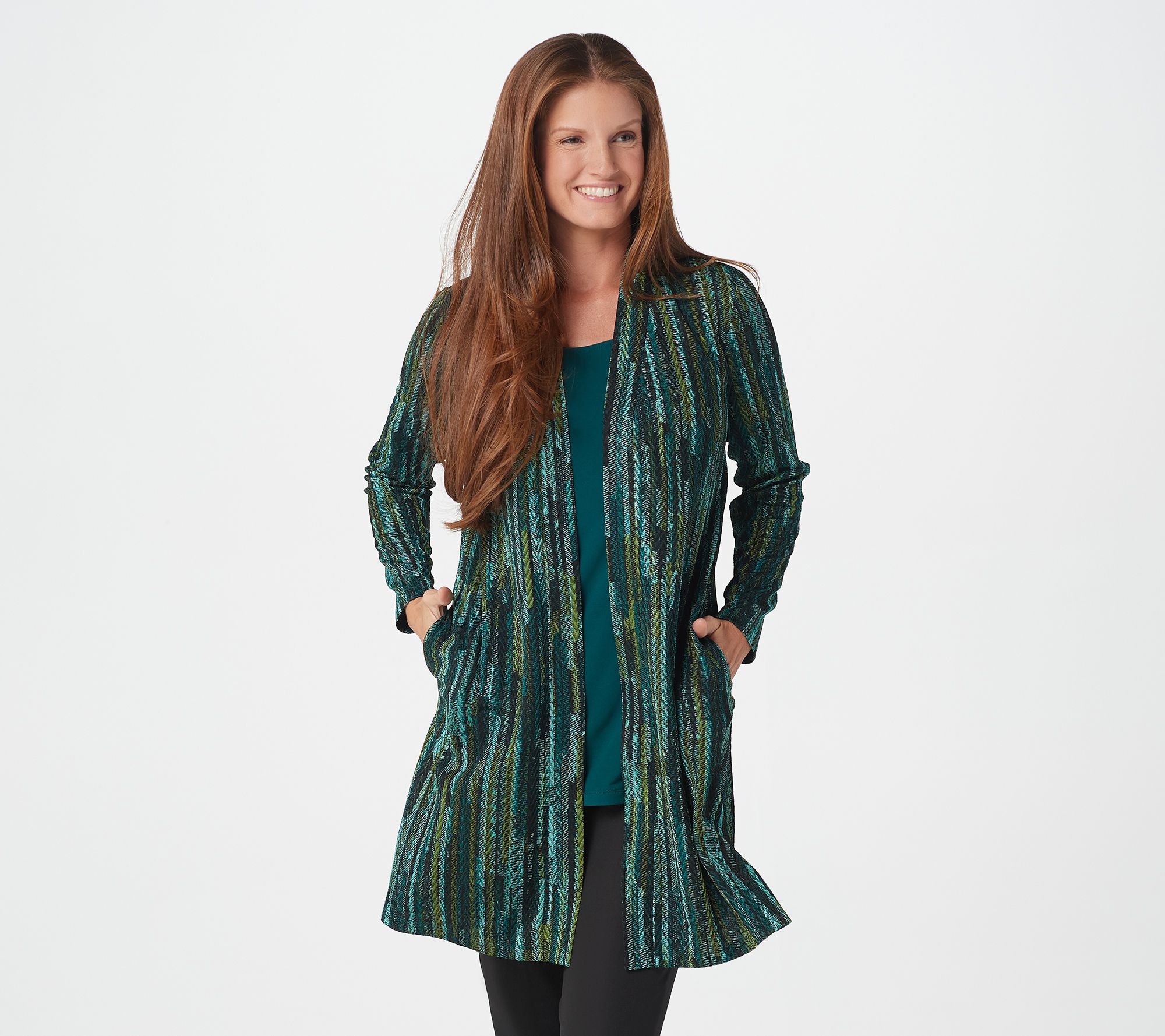 (QVC) Susan Graver Printed Novelty Duster Cardigan & Knit Tank Set ...