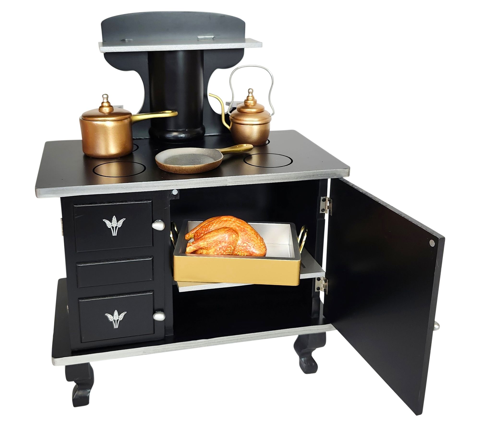 The Queen's Tre asures 18" Doll Wood Cook Stov e w/ Pots & Foo - QVC.com