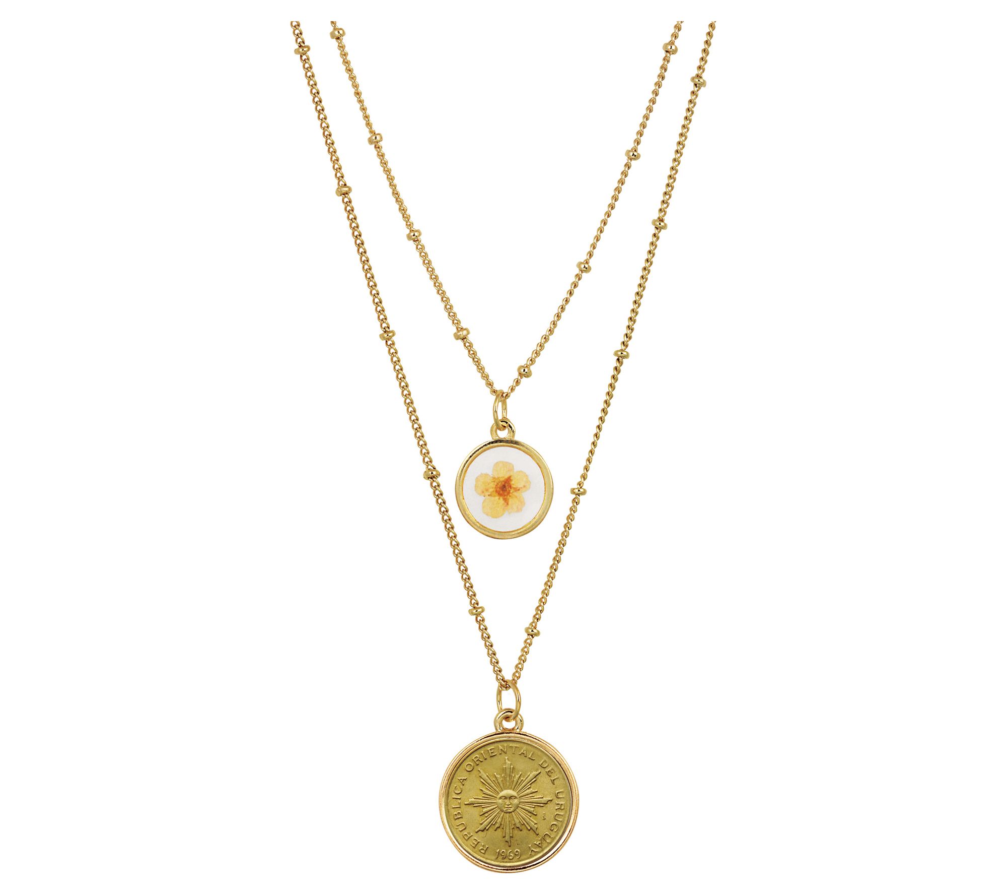American Coin Sun Coin w/ Dry Flower Double Chain Necklace - QVC.com