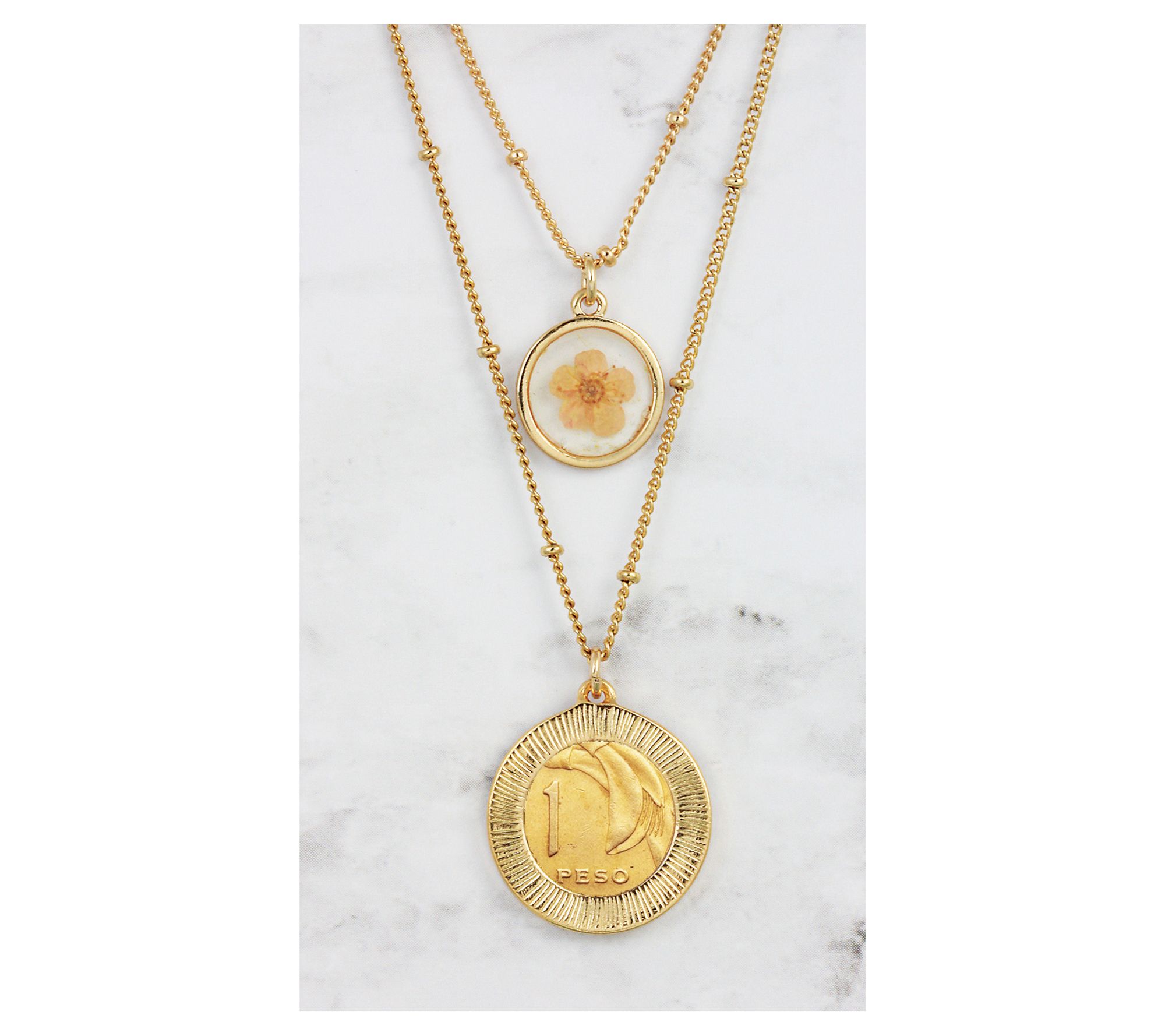 American Coin Sun Coin w/ Dry Flower Double Chain Necklace - QVC.com