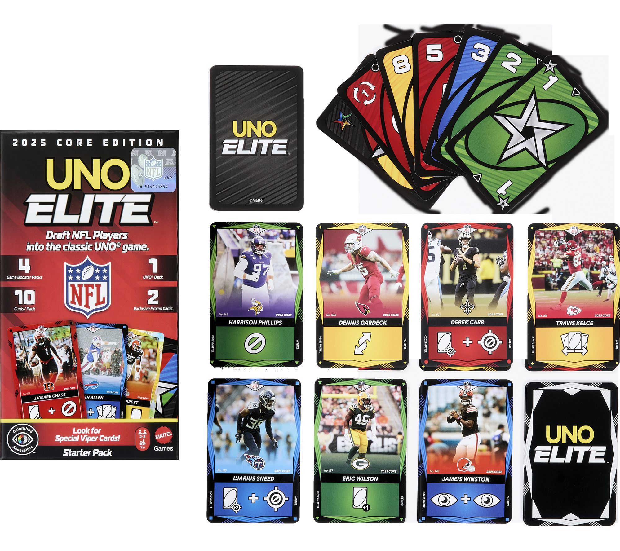 UNO Elite Mattel NFL 2025 Core Edition Starter & 2 Booster Pks - QVC.com