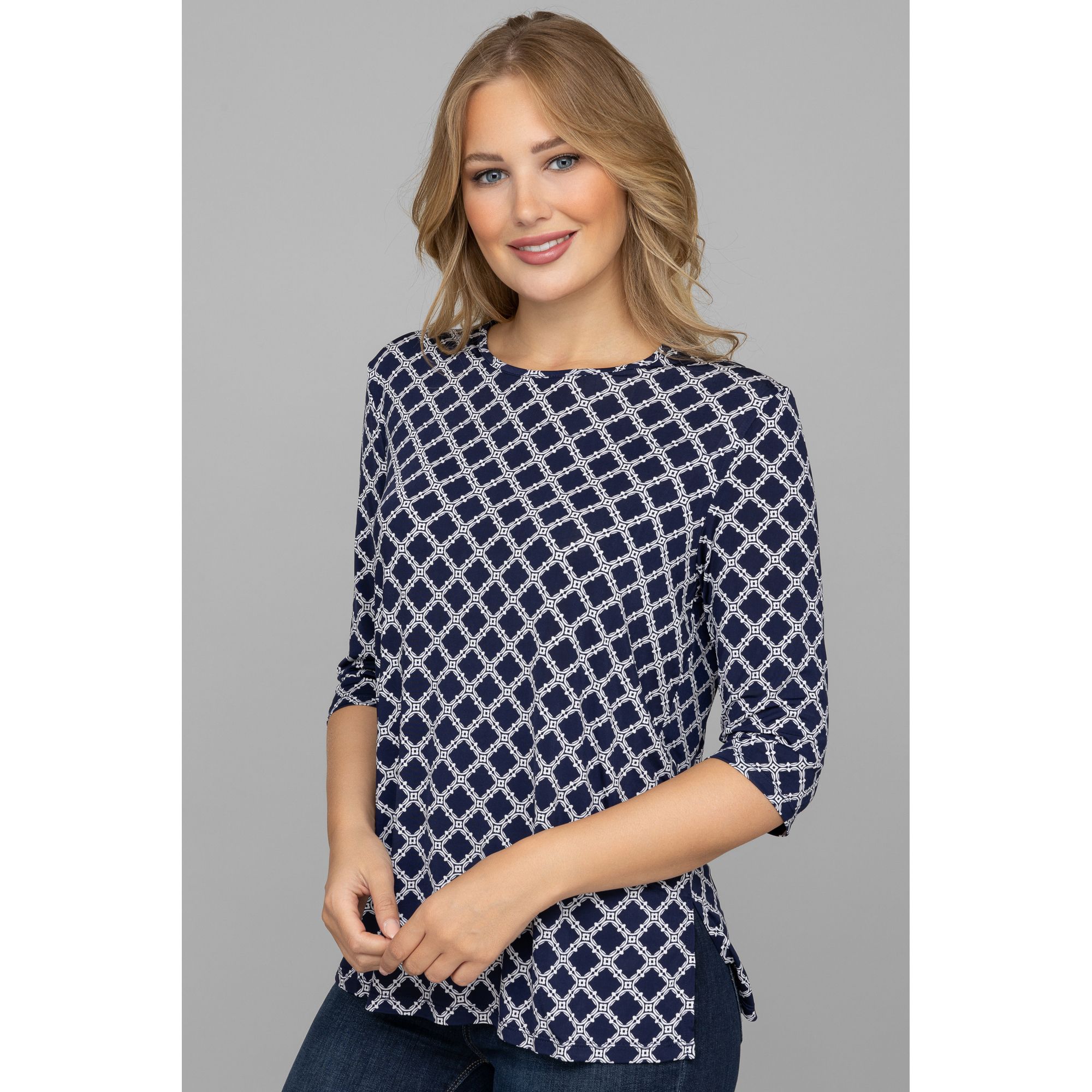 IN-PRINT Shirt, 3/4-Arm Rundhalsausschnitt Seitenschlitze grafischer ...