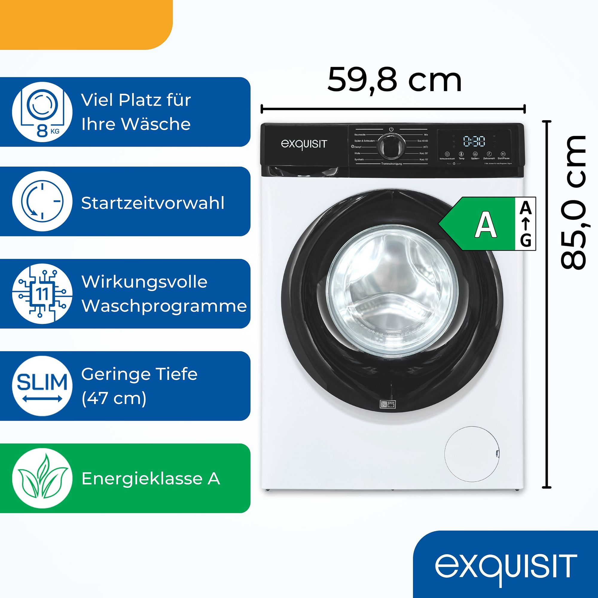 EXQUISIT Waschmaschine weiß, 8kg, EEK A 11 Waschprogramme inkl ...