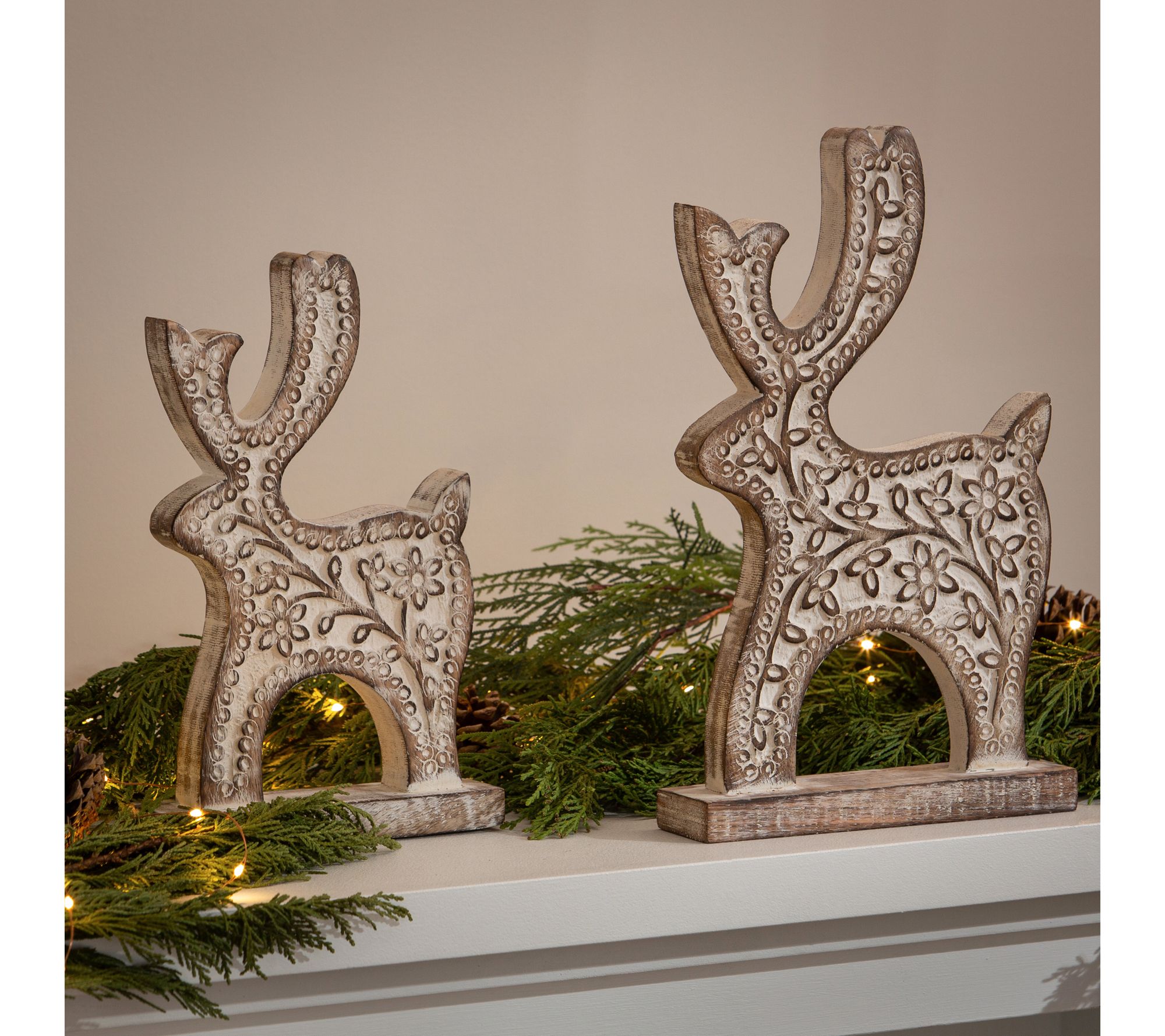 Evergreen Set of 2 Wood Reindeer with Flower Design Decor - QVC.com
