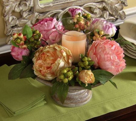 Peony Floral Centerpiece with Flameless Candle by Valerie - QVC.com