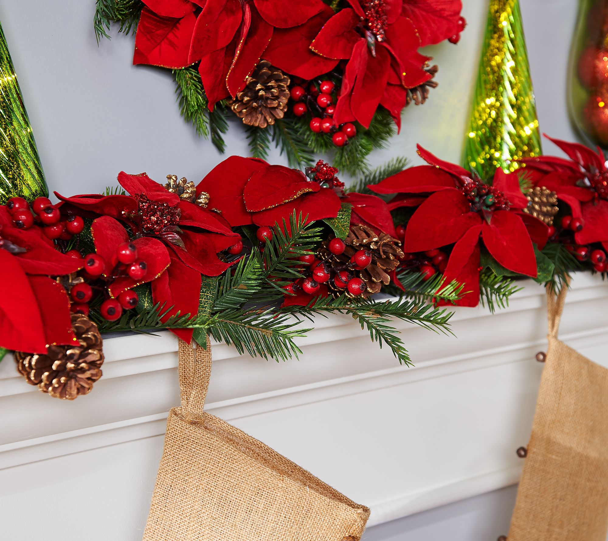 4' Glitter Velvet Pointsettia and Pinecone Garland - QVC.com