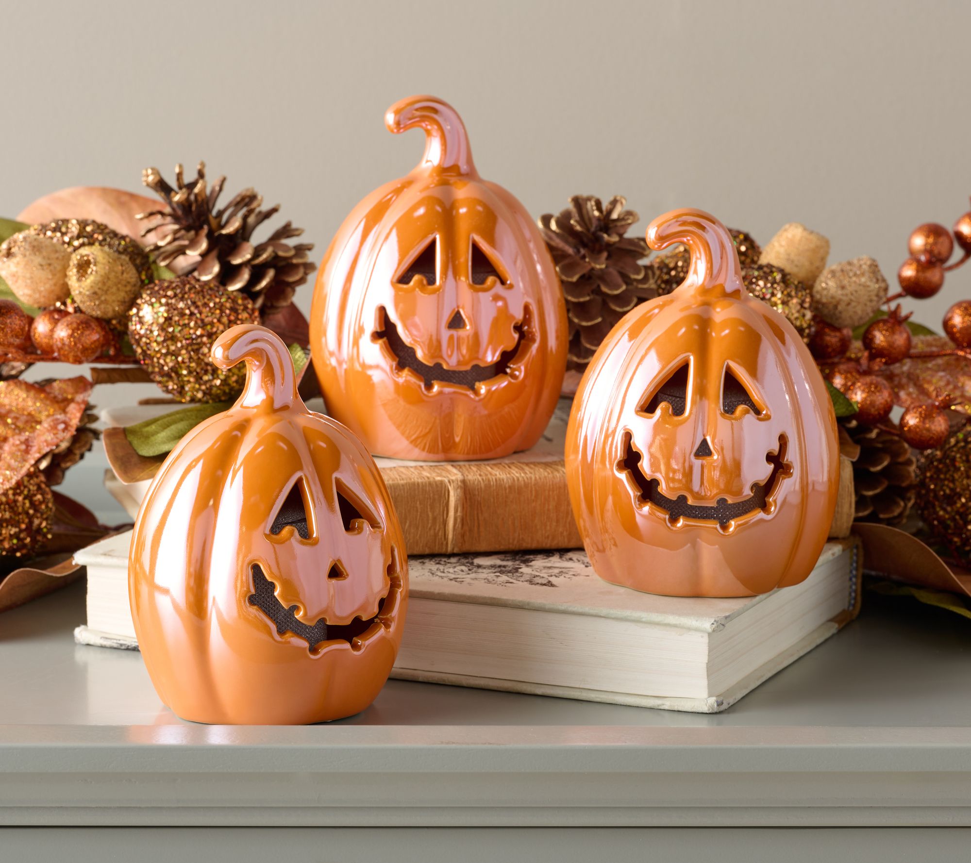 "As Is" Set of 3 Illuminated Ceramic Jack-O-Lanterns by Valerie - QVC.com