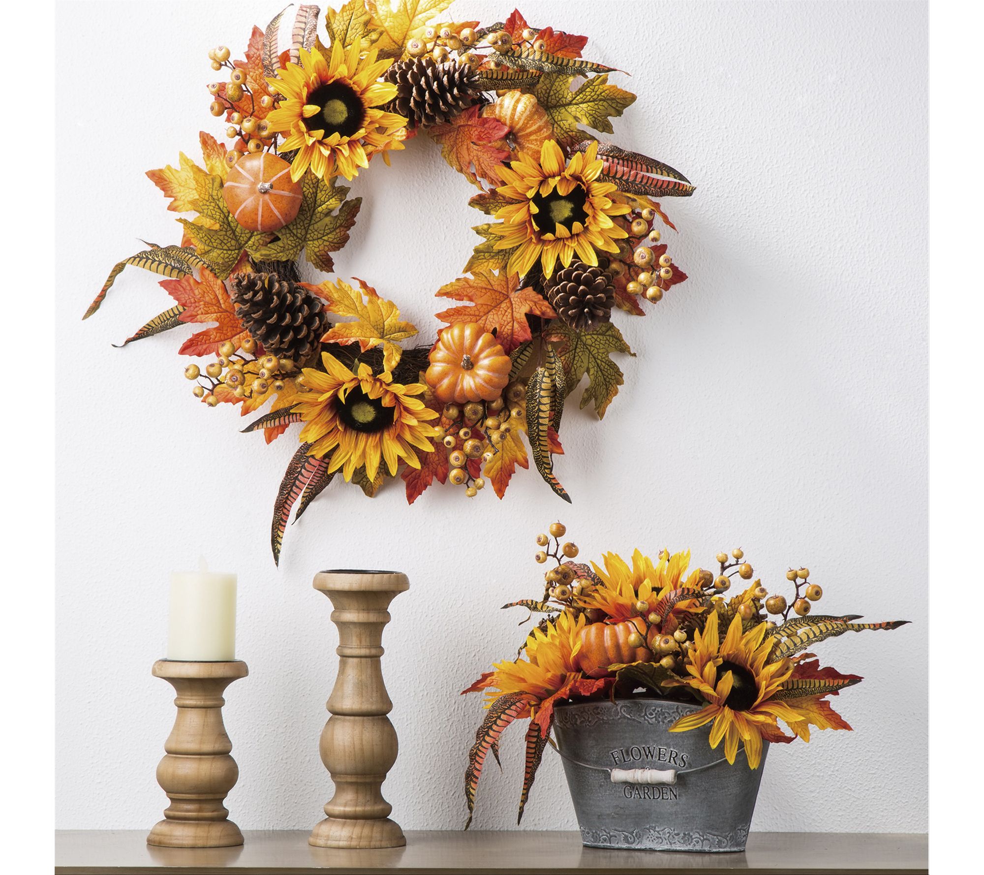 Glitzhome Fall Sunflower and Pumpkin Hanging Decorative Wreat - QVC.com