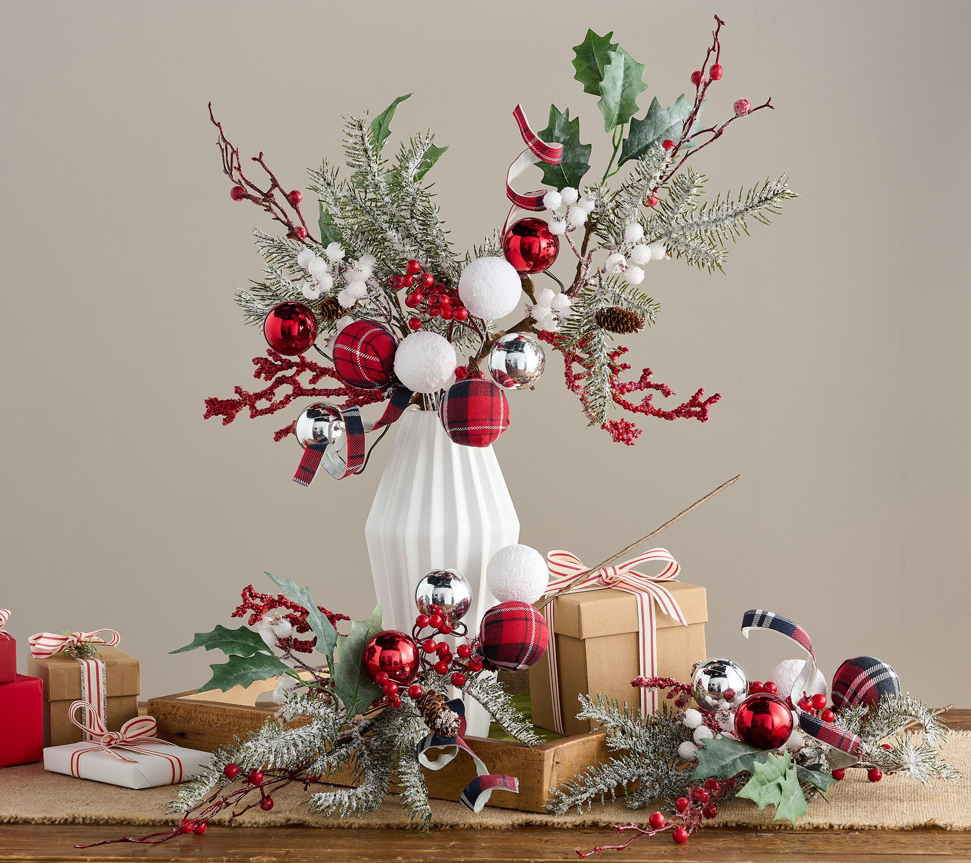 "As Is" Set of 4 Plaid Ball, Holly and Pine Picks by Valerie - QVC.com