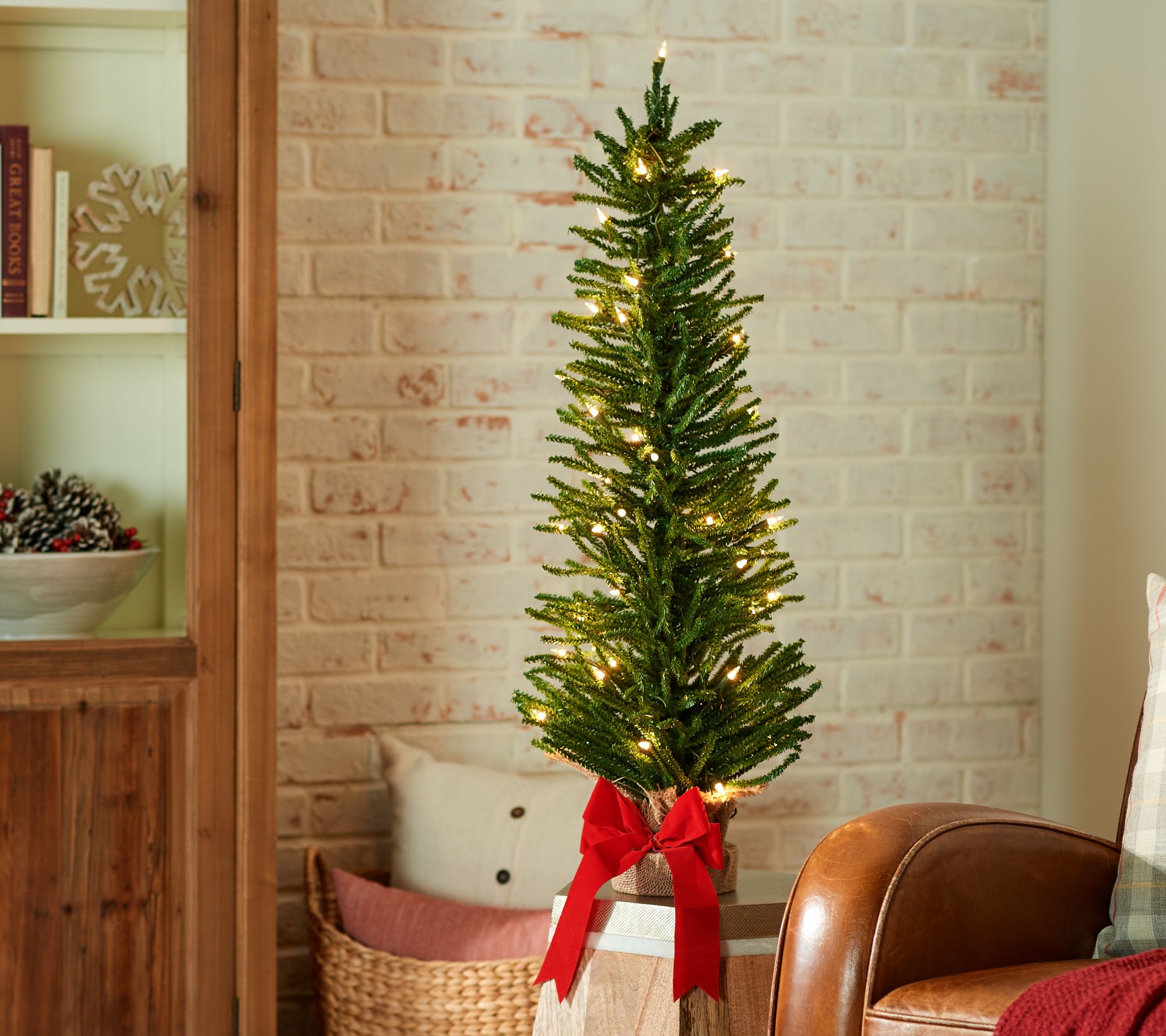 "As Is" 3' Illuminated German Pine Slim Tree in Burlap Base - QVC.com