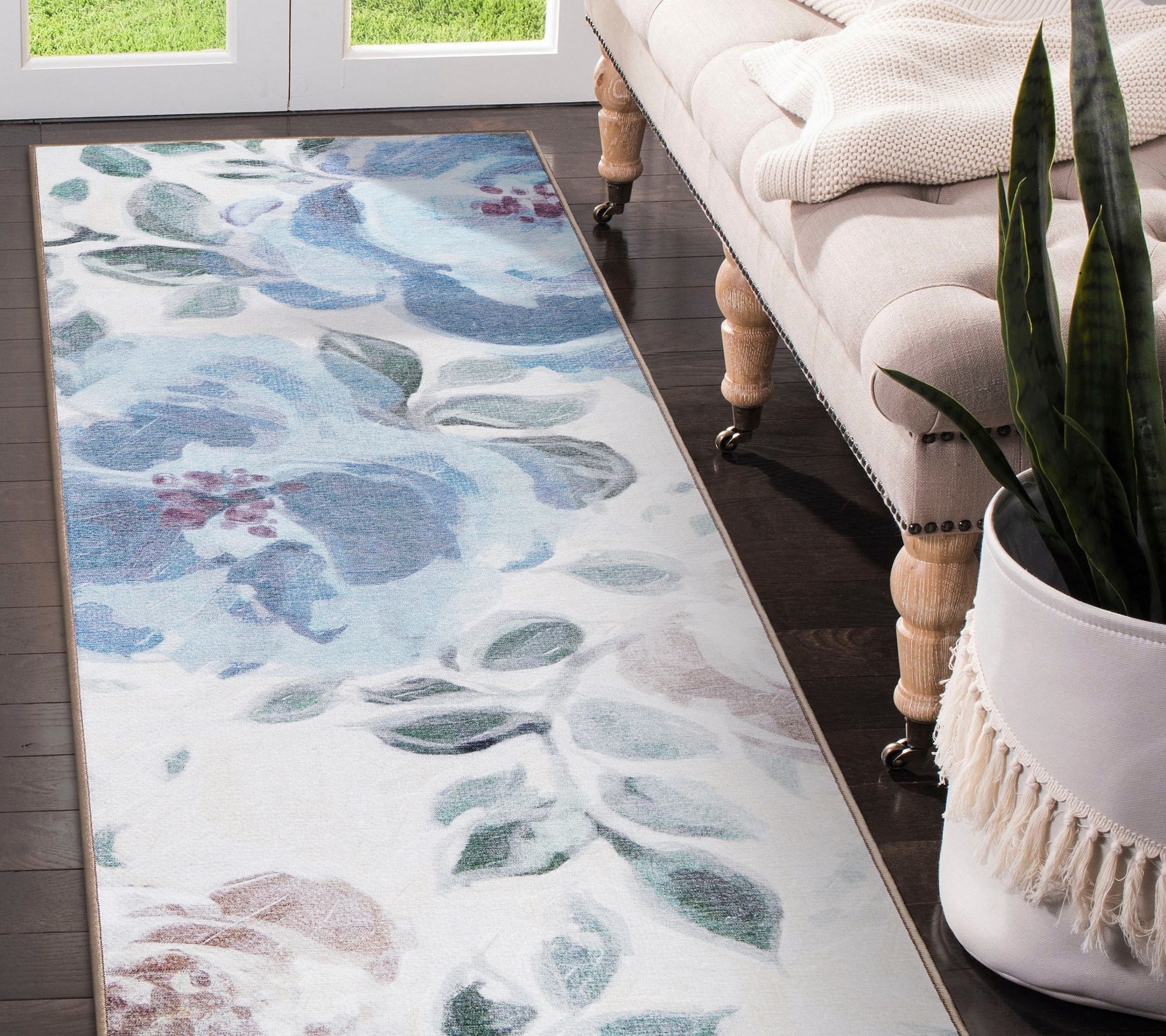 My Magic Carpet Washable Rug Sasha Floral Cream Blue 2.5' x 7' - QVC.com