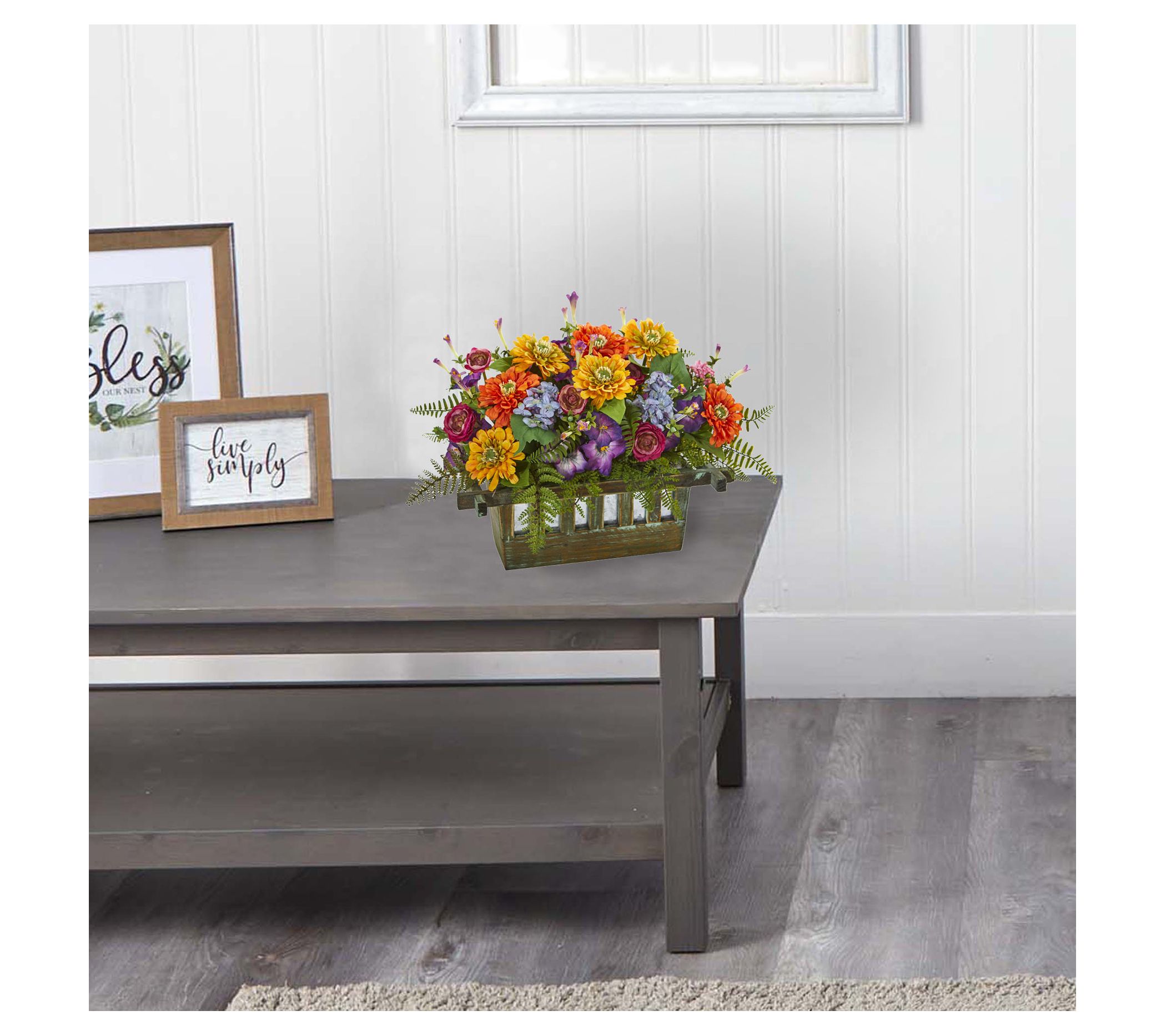 Nearly Natural Floral Artificial Arrangement inWood Planter - QVC.com