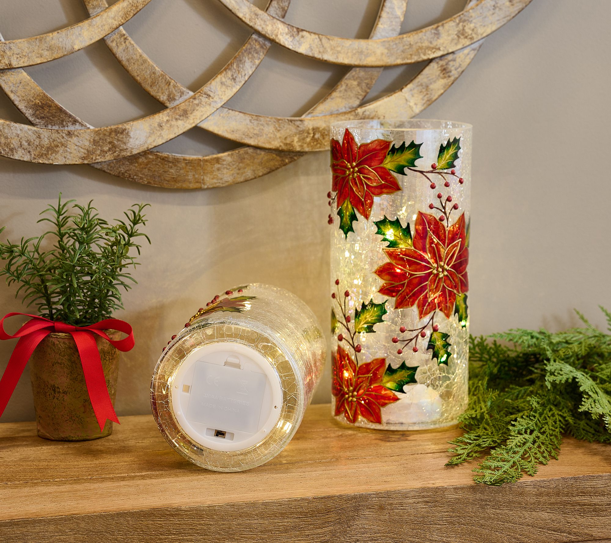 "As Is" Kringle Express Set of 2 Lit Crackle Glass Hurricanes - QVC.com