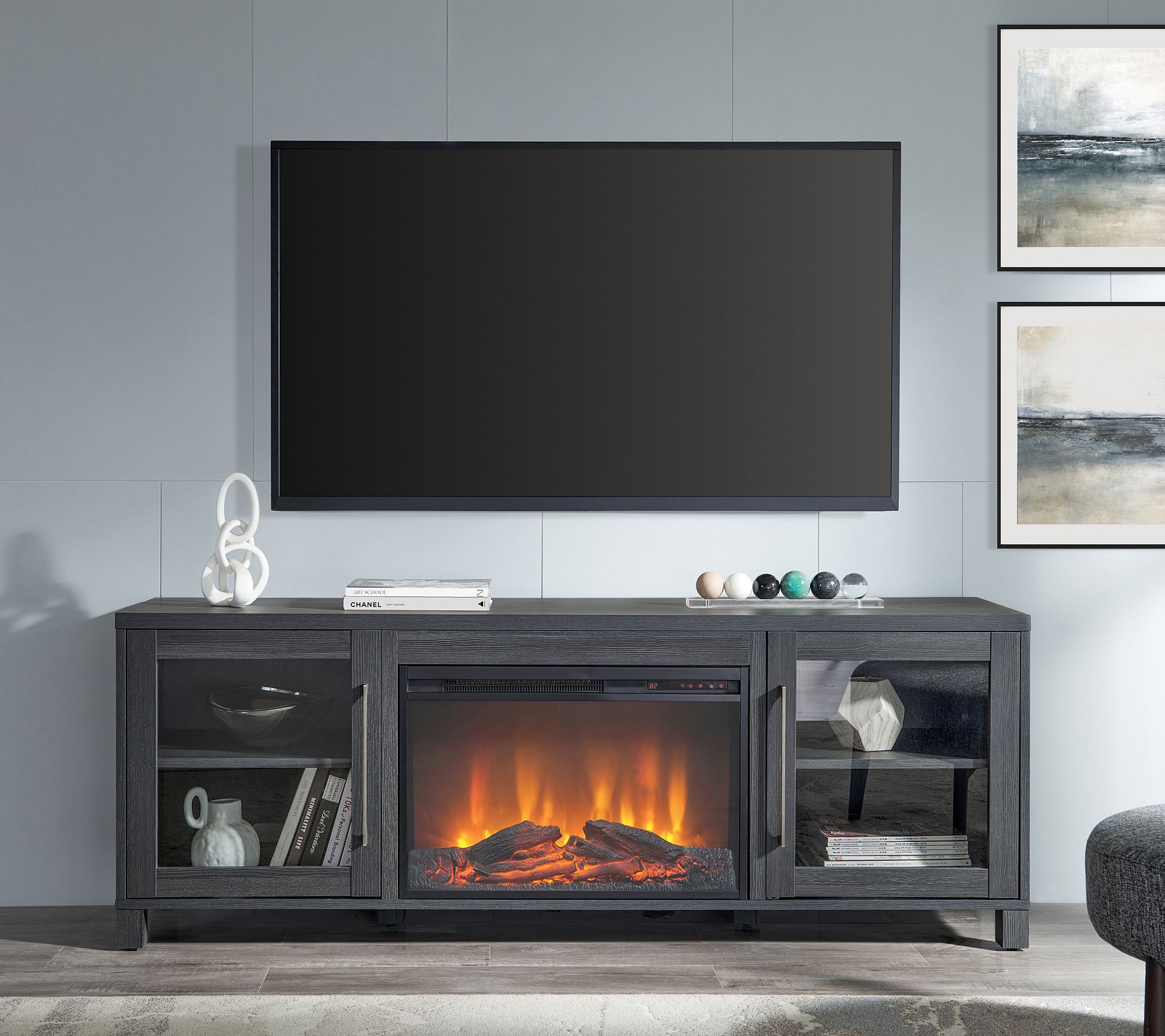 Hudson & Canal Quincy 75" TV Stand with Log Fireplace - QVC.com
