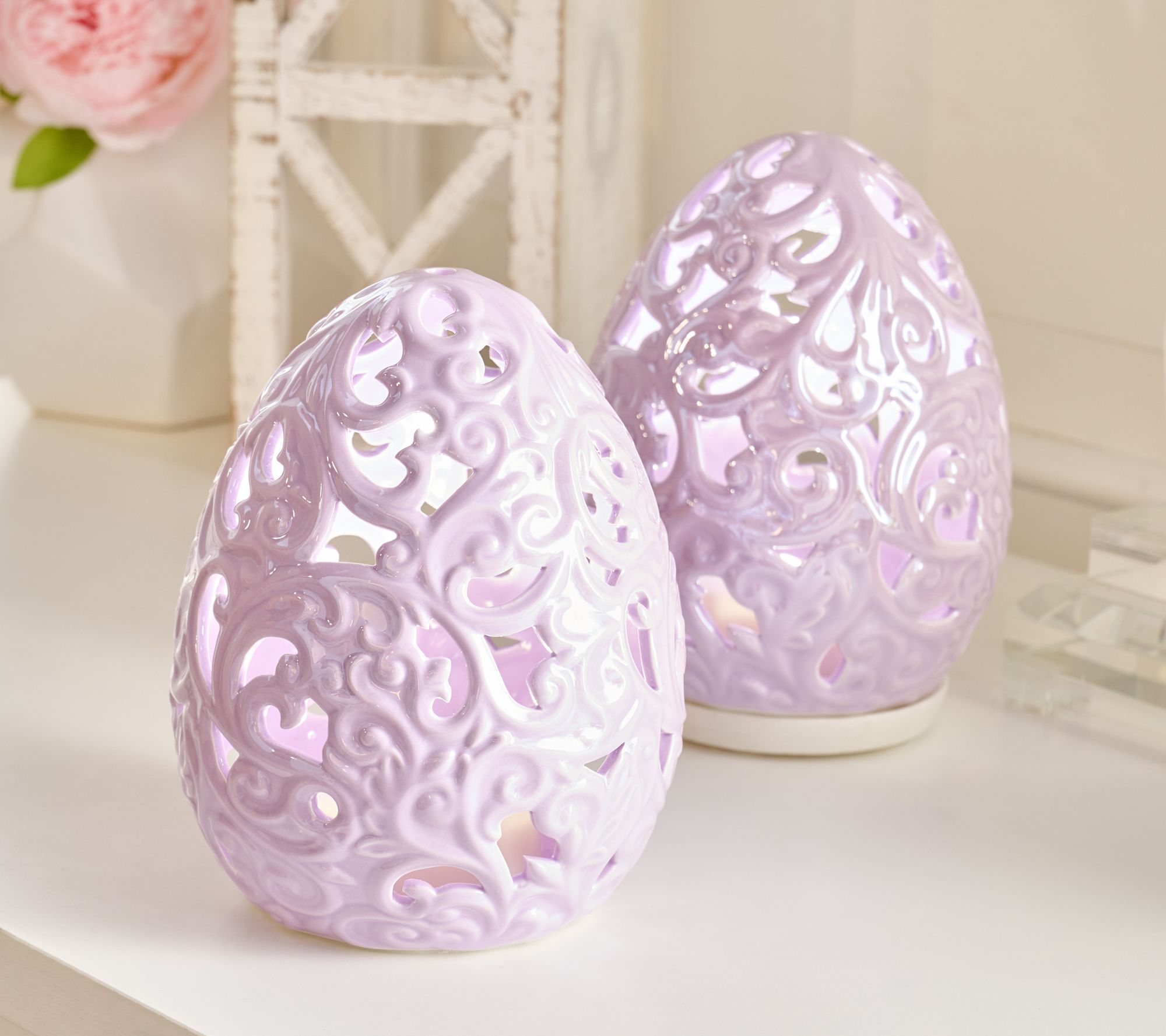 "As Is" Set of 2 6.5" Lit Pearlized Ceramic Eggs by Valerie - QVC.com