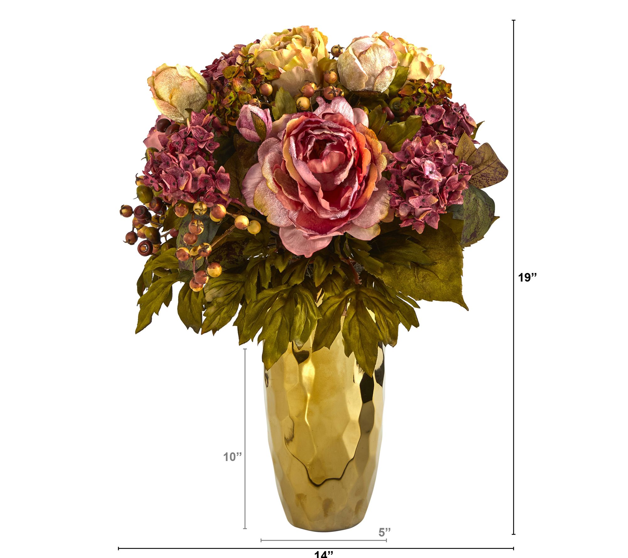 Nearly Natural 19" Peony Artificial Arrangementin Gold Vase - QVC.com