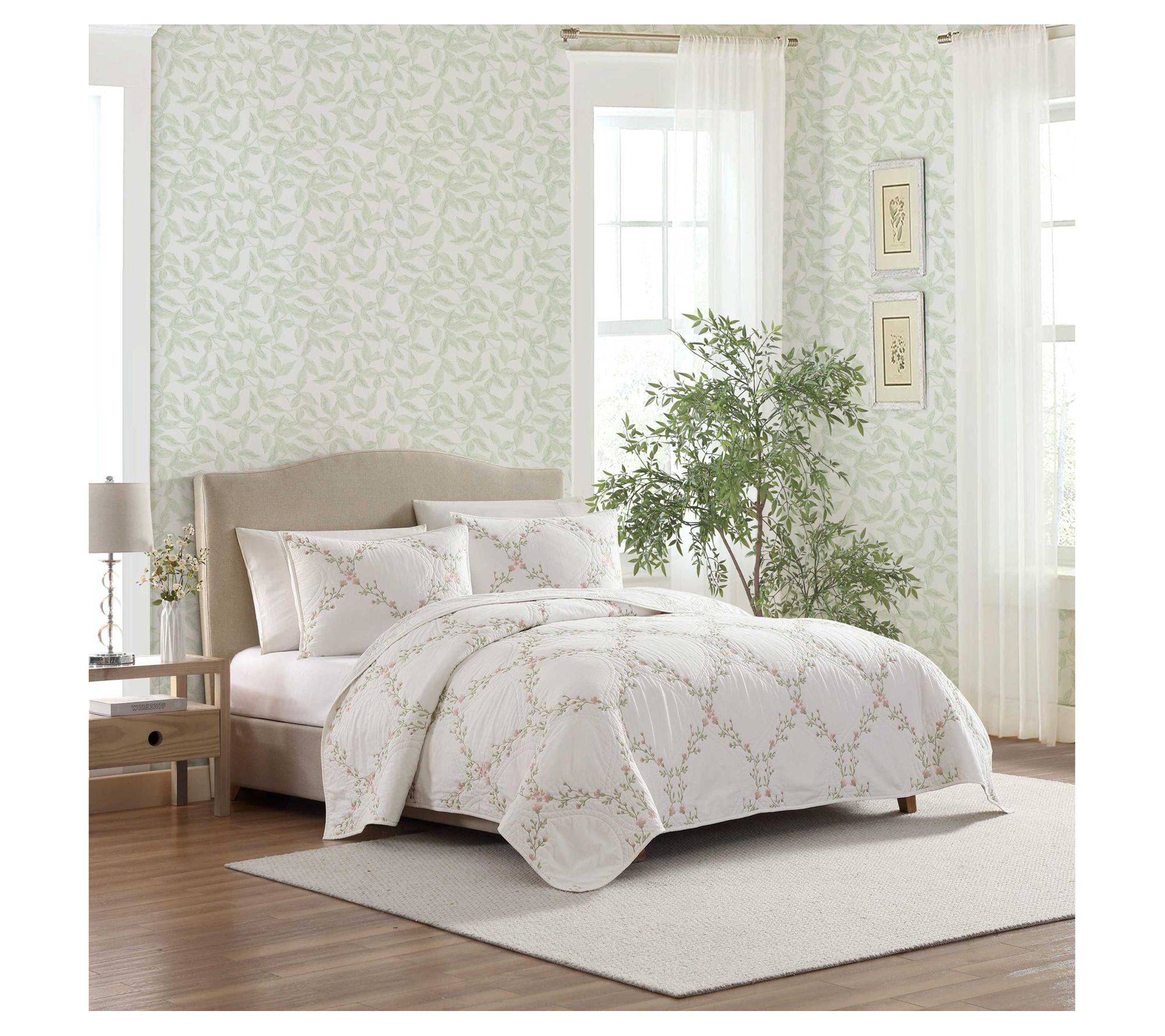 Laura Ashley Floral Embroidery Pink Full/QueenQuilt Sham Set - QVC.com