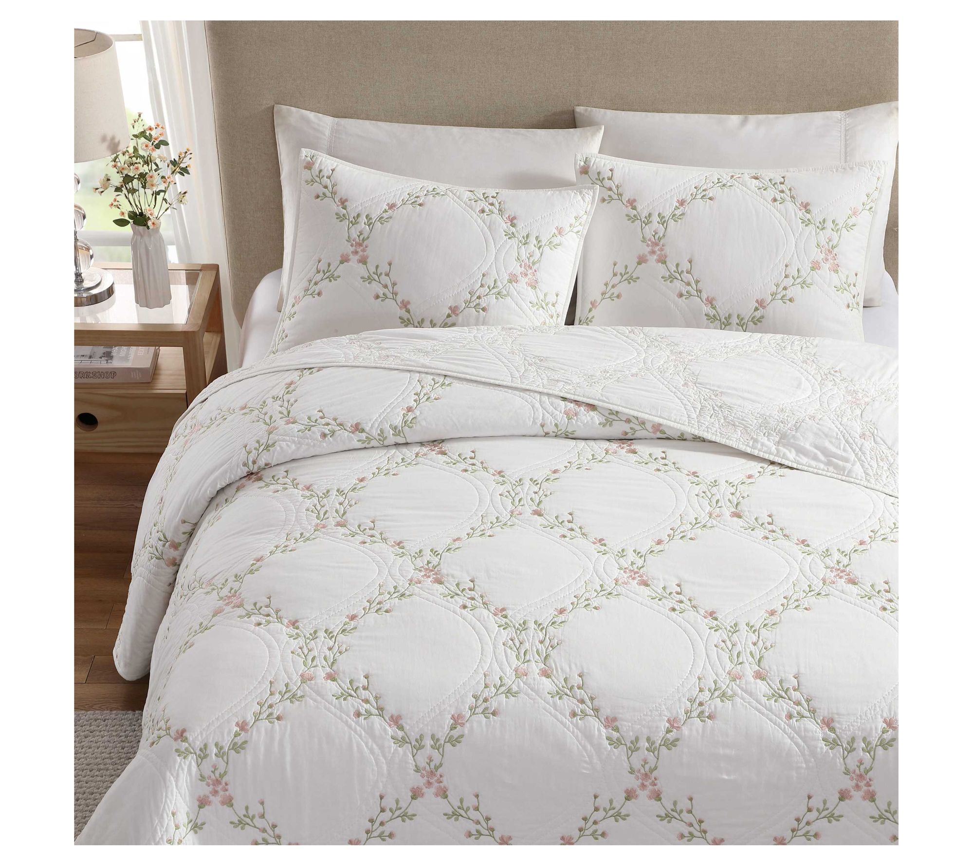 Laura Ashley Floral Embroidery Pink Full/QueenQuilt Sham Set - QVC.com